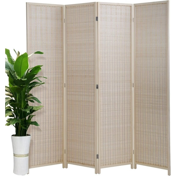 4 Panels Room Divider Wall, Rustic Rattan Room Divider, Wood Folding ...