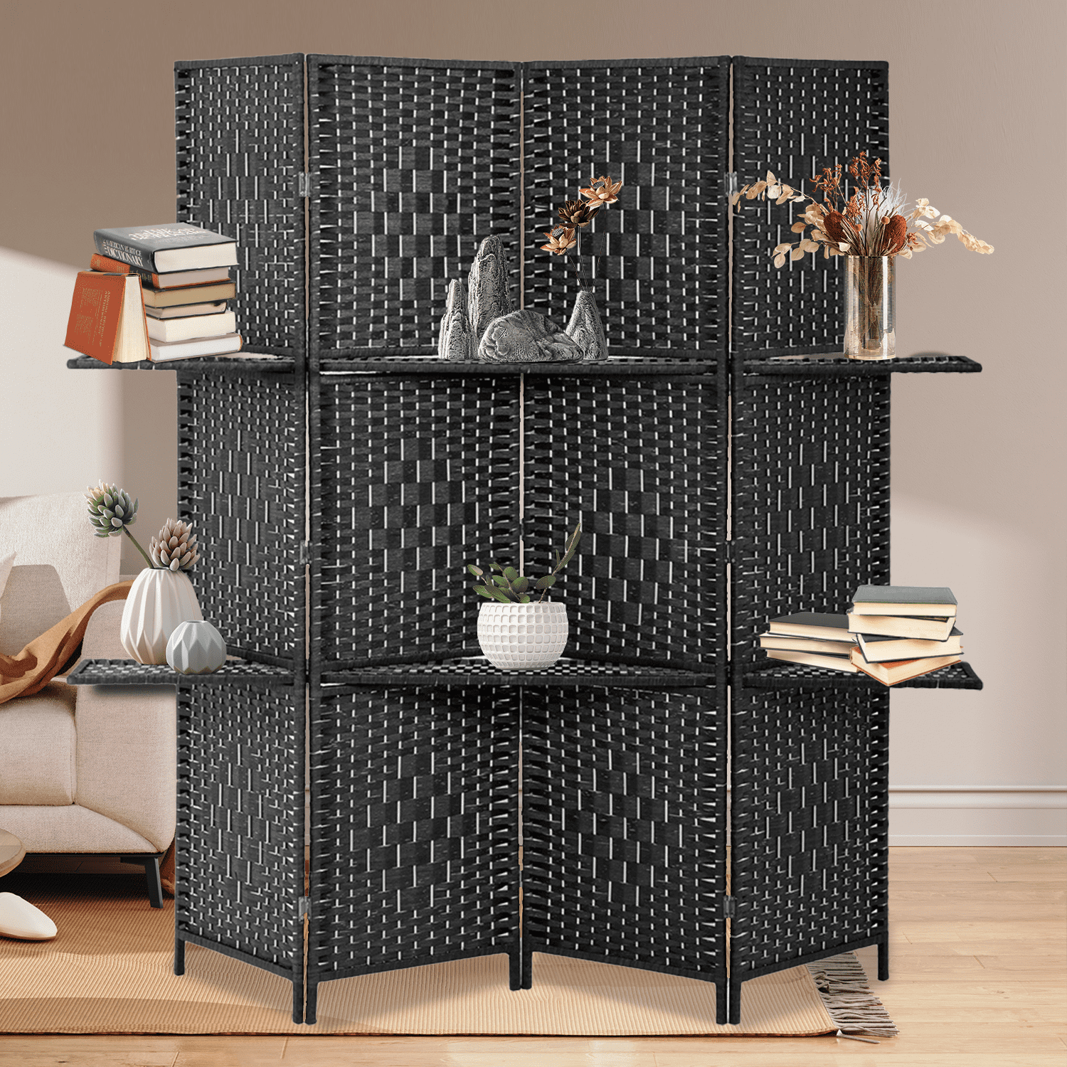 Dkelincs 4 Panel Wood Room Dividers 6ft Folding Privacy Screen with 2 ...