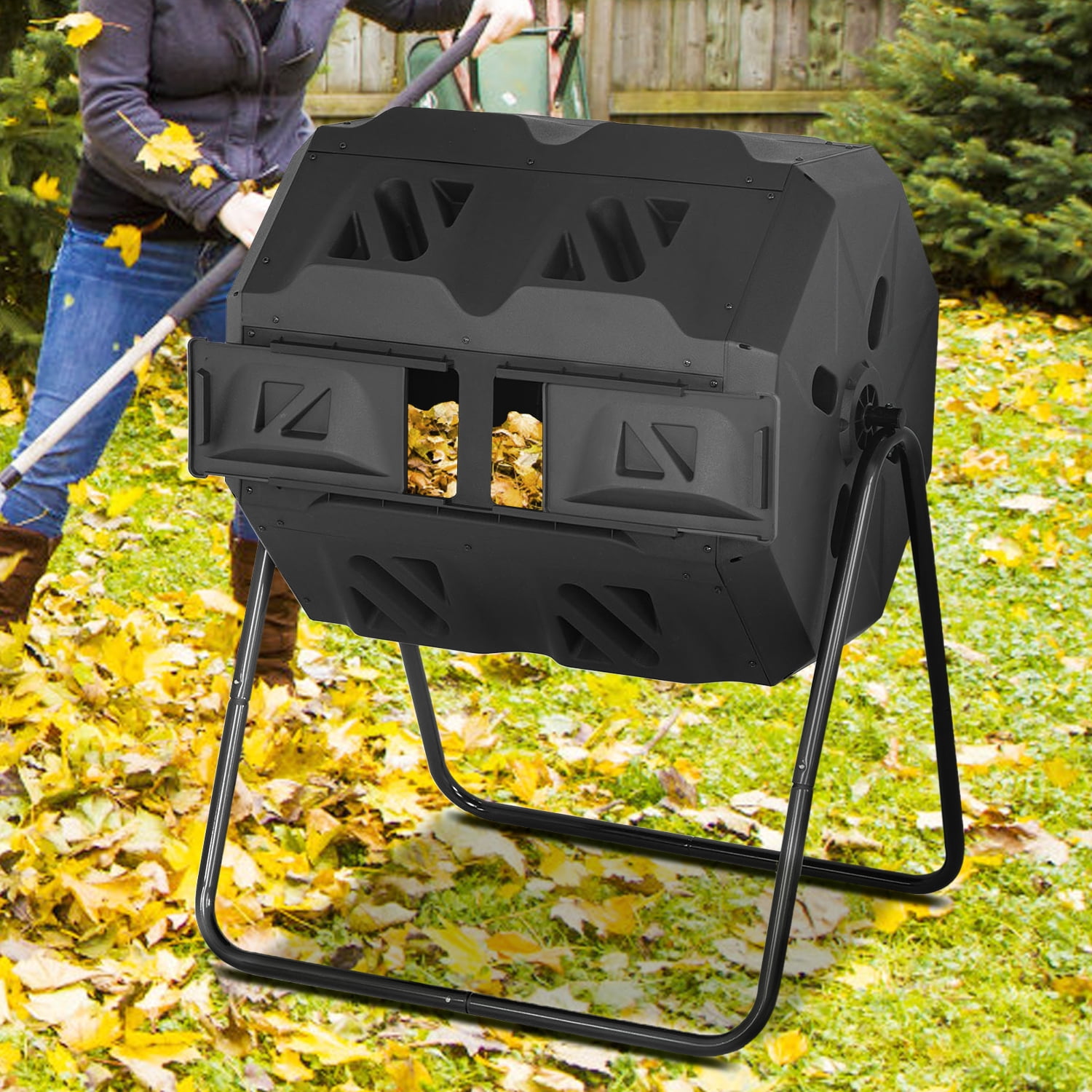 Dkelincs 43 Gallon Dual Chamber Outdoor Compost Bin, Rotating Plastic ...