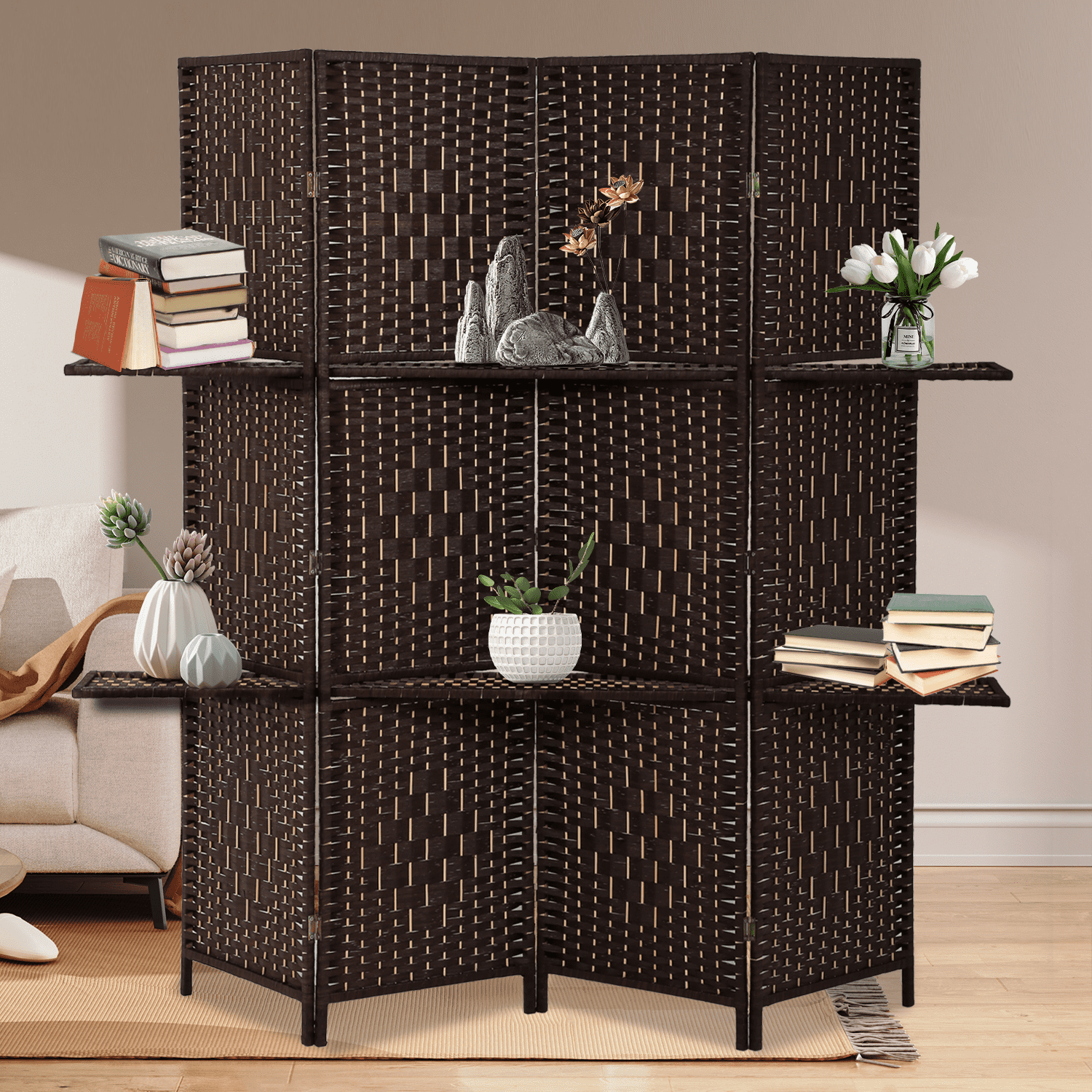 Dkelincs 6ft 4 Panel Wood Divider, Privacy Screen with 2 Tier Shelves ...