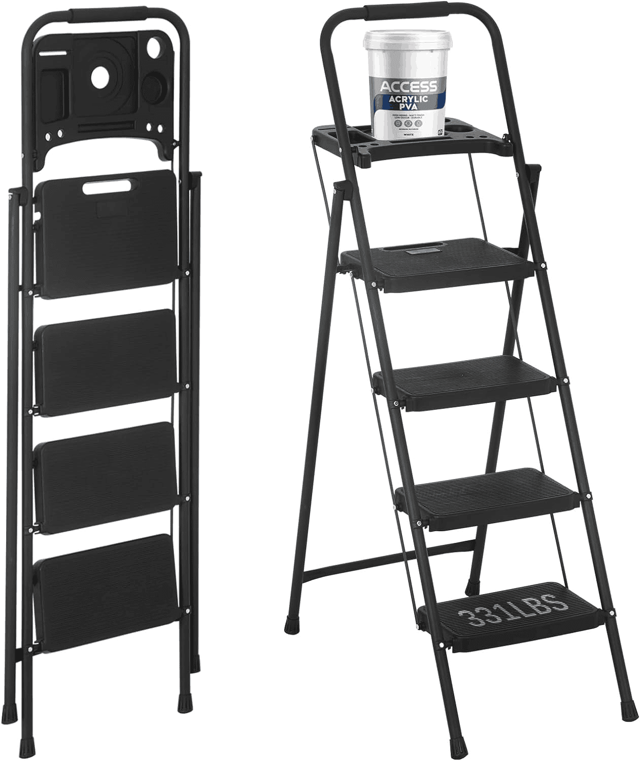 Dkelincs 4-Step Foldable Ladder, 330 lbs Steel Stool with Anti-Slip ...