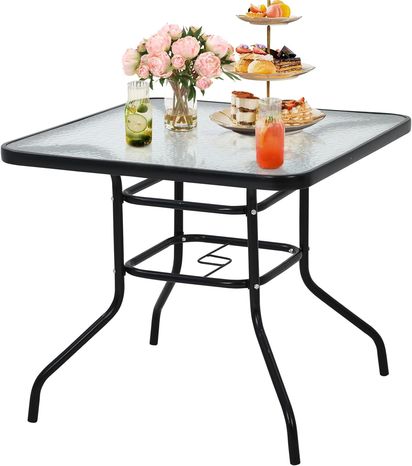 Dkelincs Glass Patio Table with 1.57" Umbrella Hole, 32 inch Square ...