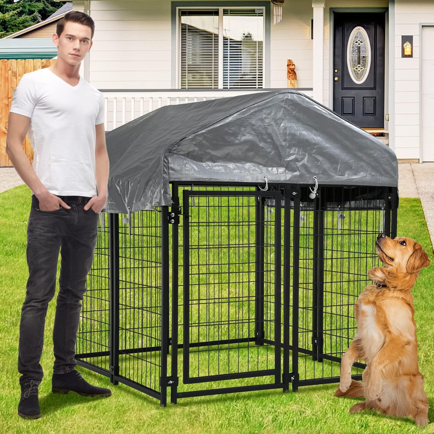 Dkelincs Large Dog Kennel 4.3' x 4' x 4' Heavy Duty Outdoor Dog Crate ...