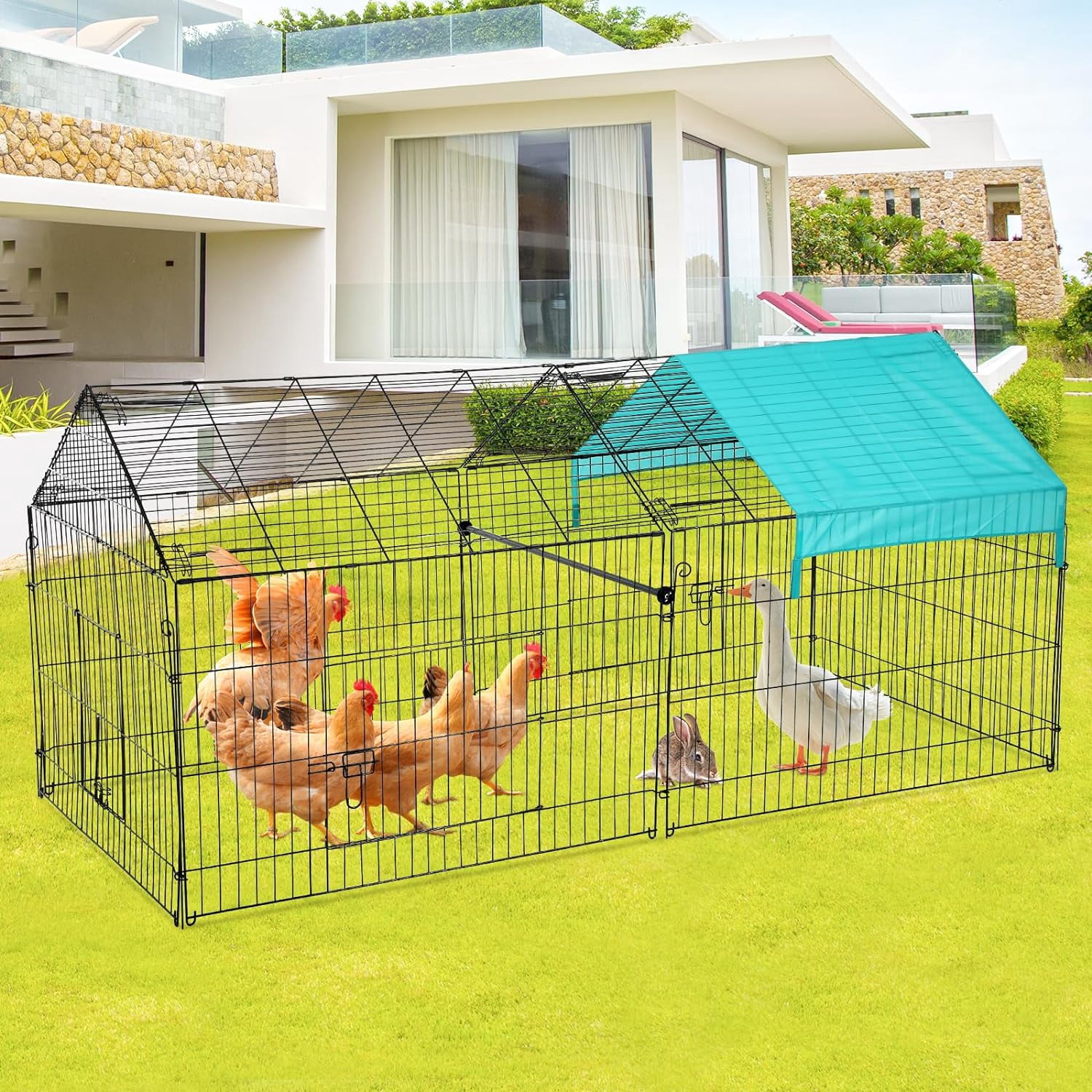 Dkelincs Metal Chicken Coop Duck Cage Chicken Runs for Yard with Cover ...
