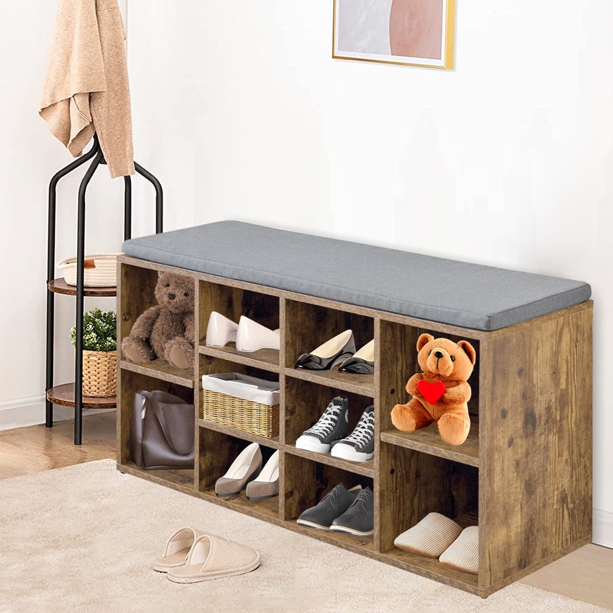 Dkelincs Shoe Rack Bench, 3-Tier Storage Bench 10 Compartments ...
