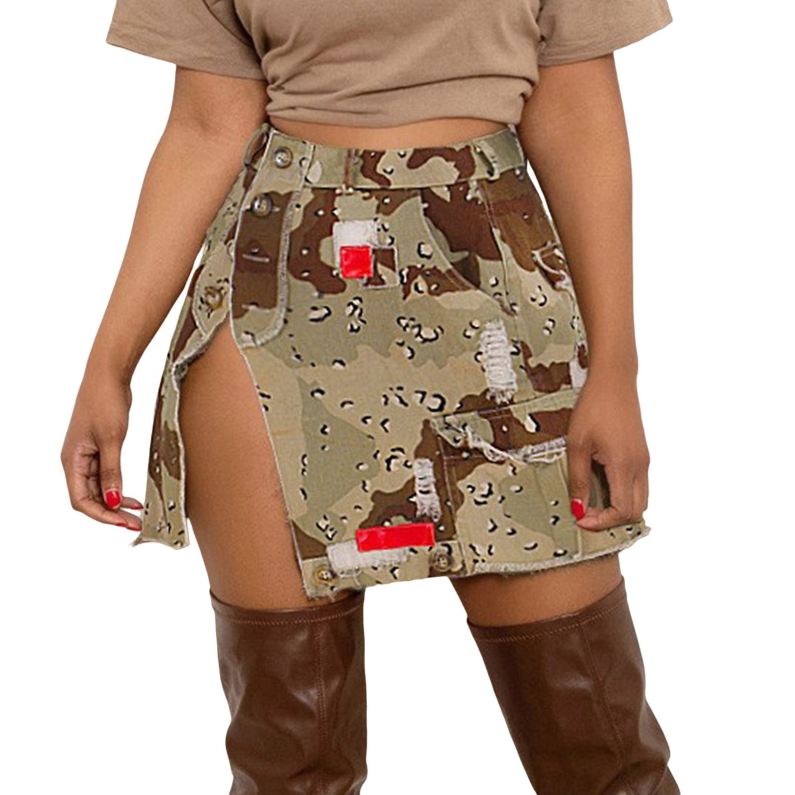 Dkinjom Long Skirts For Womenwomen Camo Cargo Skirt Sexy High Split