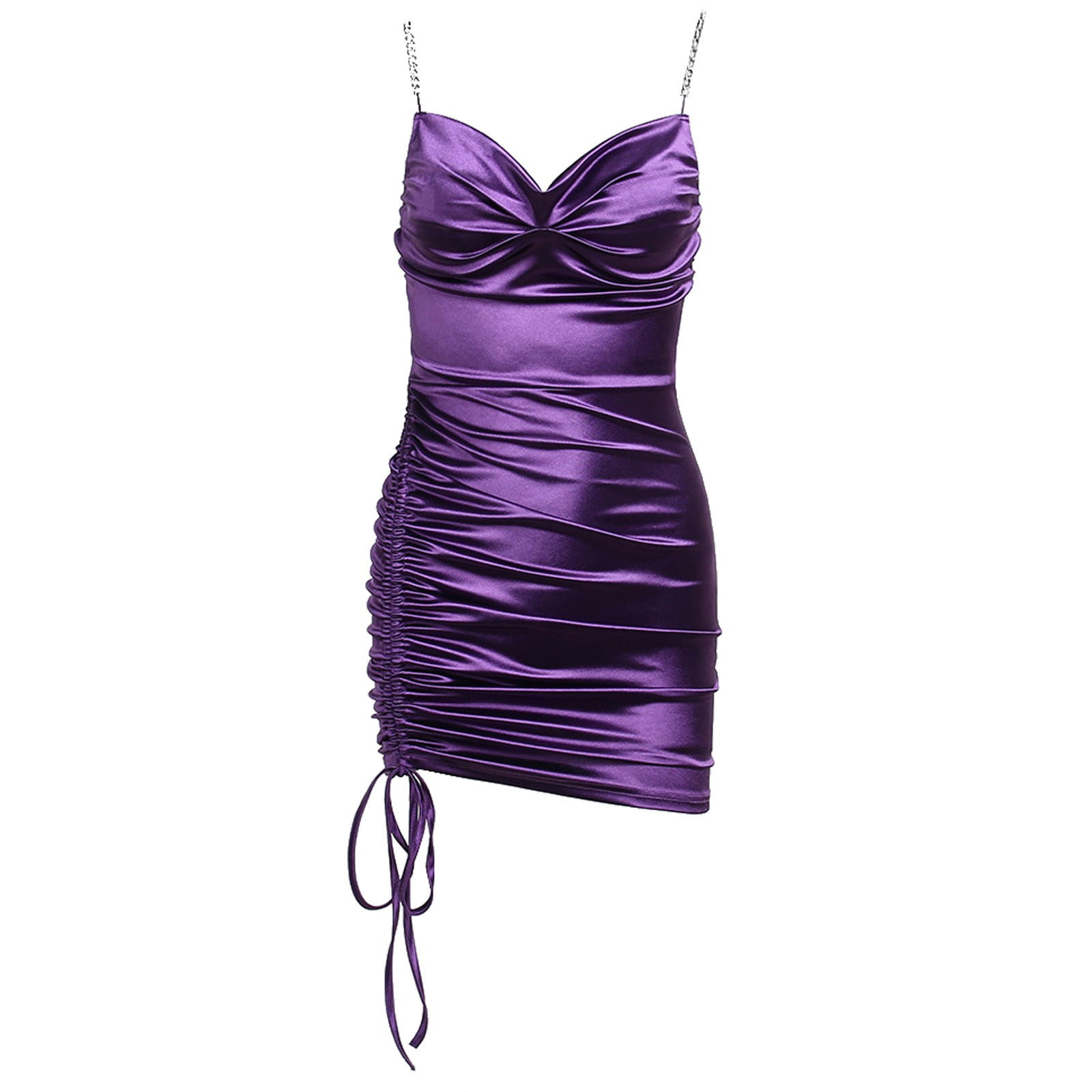 Dkinjom Summer Dresswomens Satin Wrap Ruched Bodycon Strap Club Party