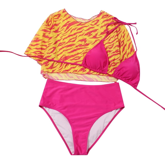 Dkinjom Women Plus Size Printed Sheer Cover Up Bikini Swimsuit Three