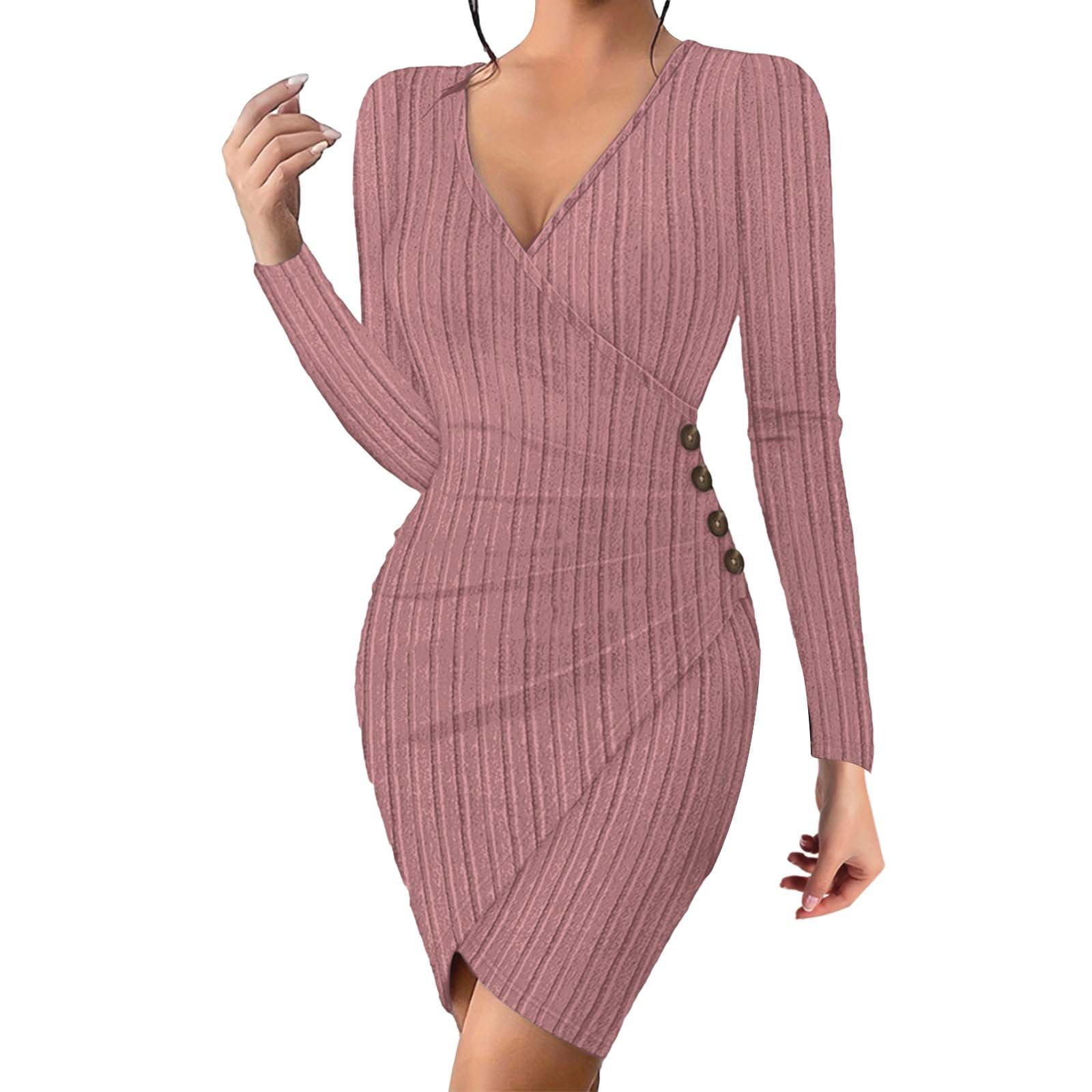 Dkinjom Womens Sexy Long Sleeve V Neck Ruched Bodycon Mini Party