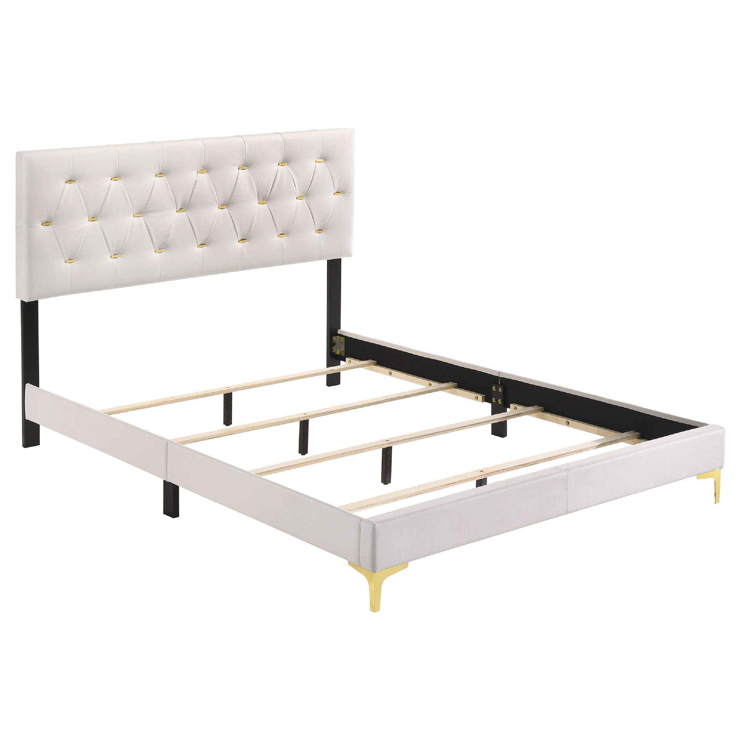 Dle 4 Piece Queen Bedroom Set-White Faux Leather-Modern Gold Accents ...