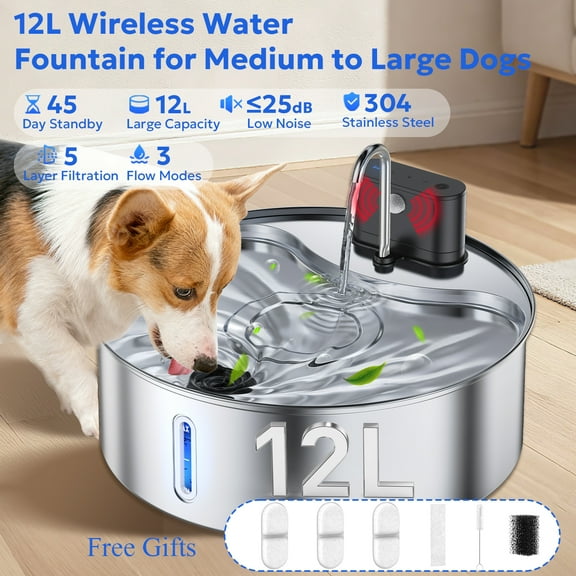 Cat Water Fountain Cordless Stainless Steel 118oz/3.5L Wireless & Ultra ...