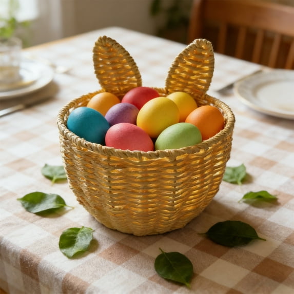 Dmlowu Bunny Easter Basket - Imitation Rattan Woven Basket with Rabbit ...