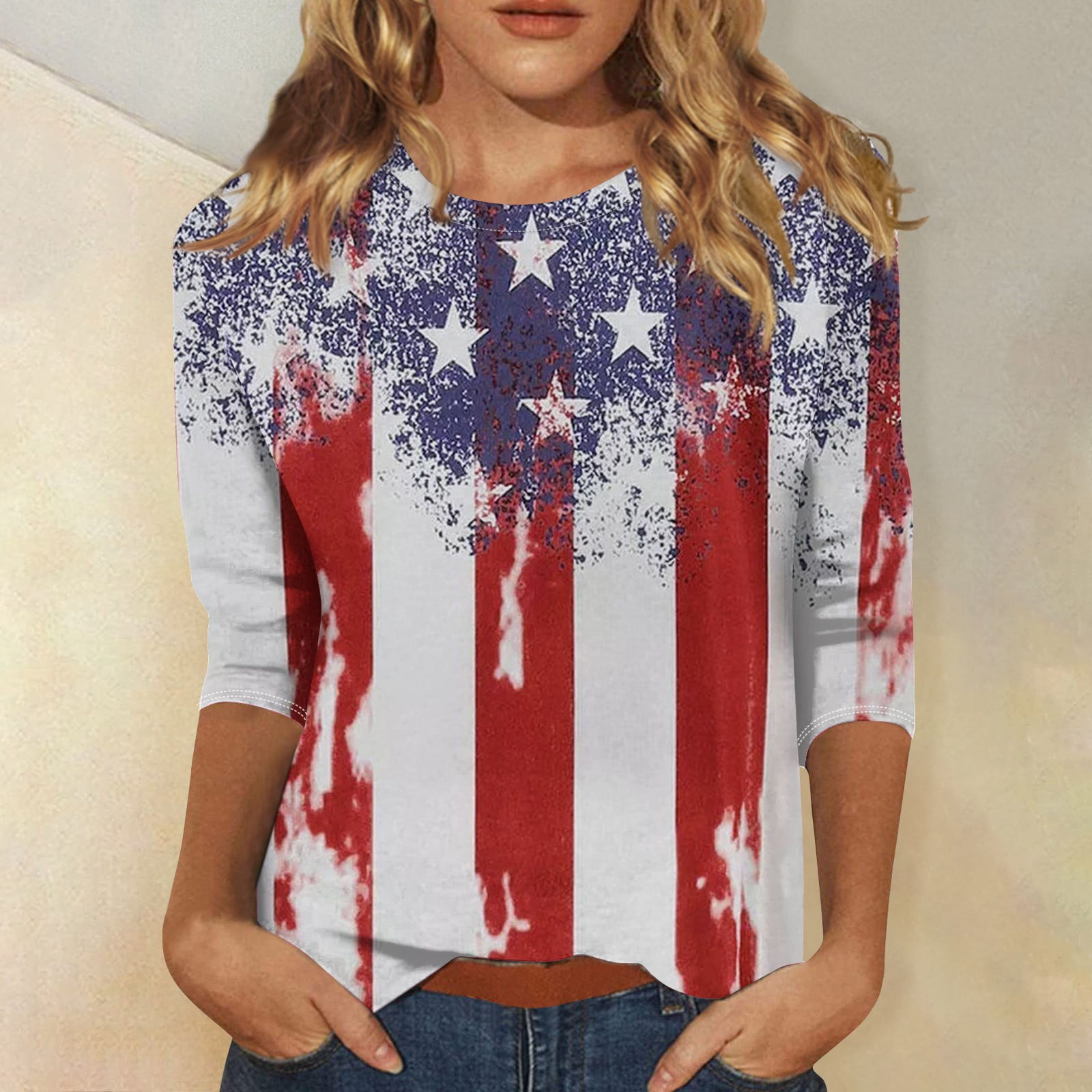 Dndkilg 3/4 Length Sleeve Shirts Women Elbow Crew Neck Fited T Shirts ...