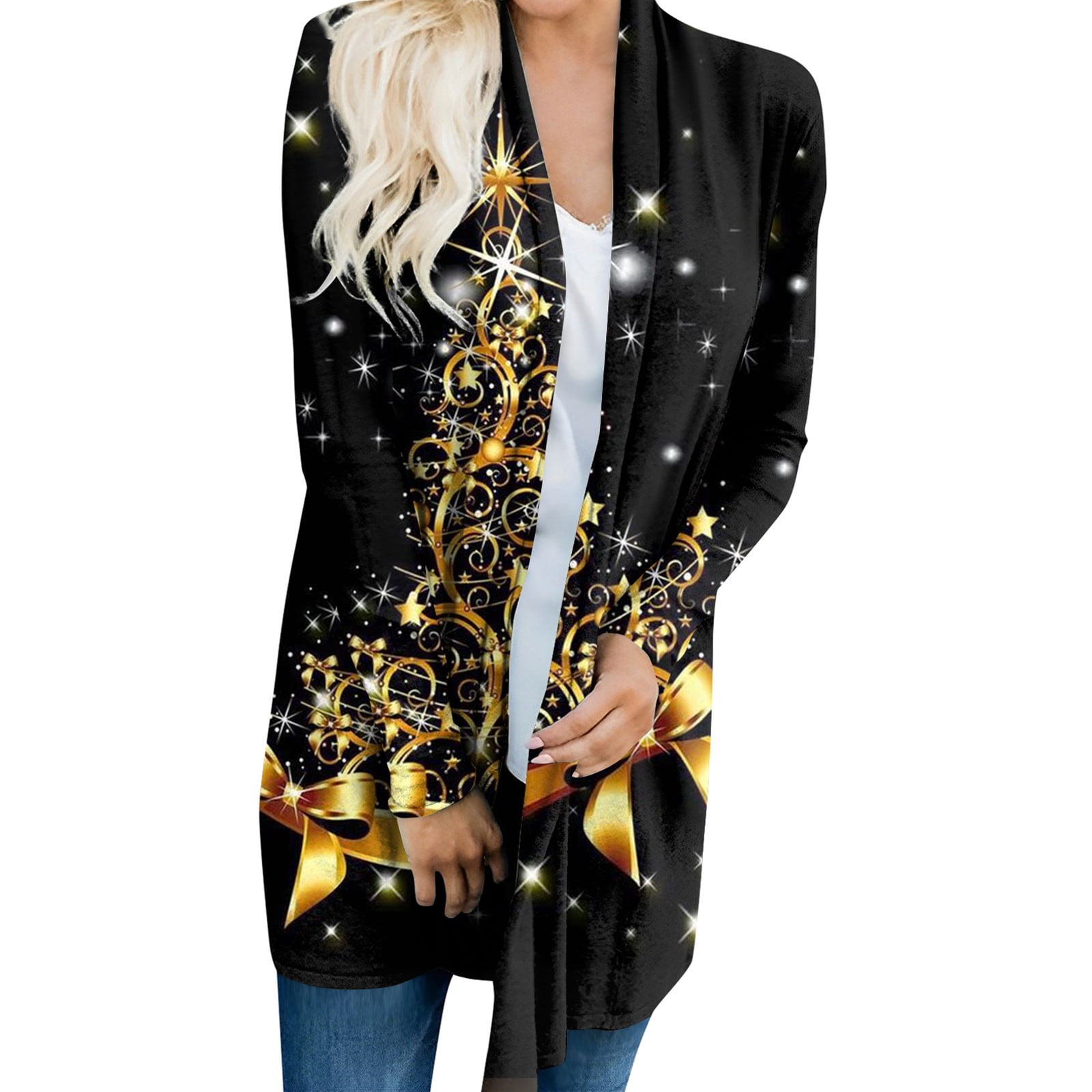 Dndkilg Casual Christmas Cardigan for Women Christmas Tree Print Long Sleeve Funny Open Front ...