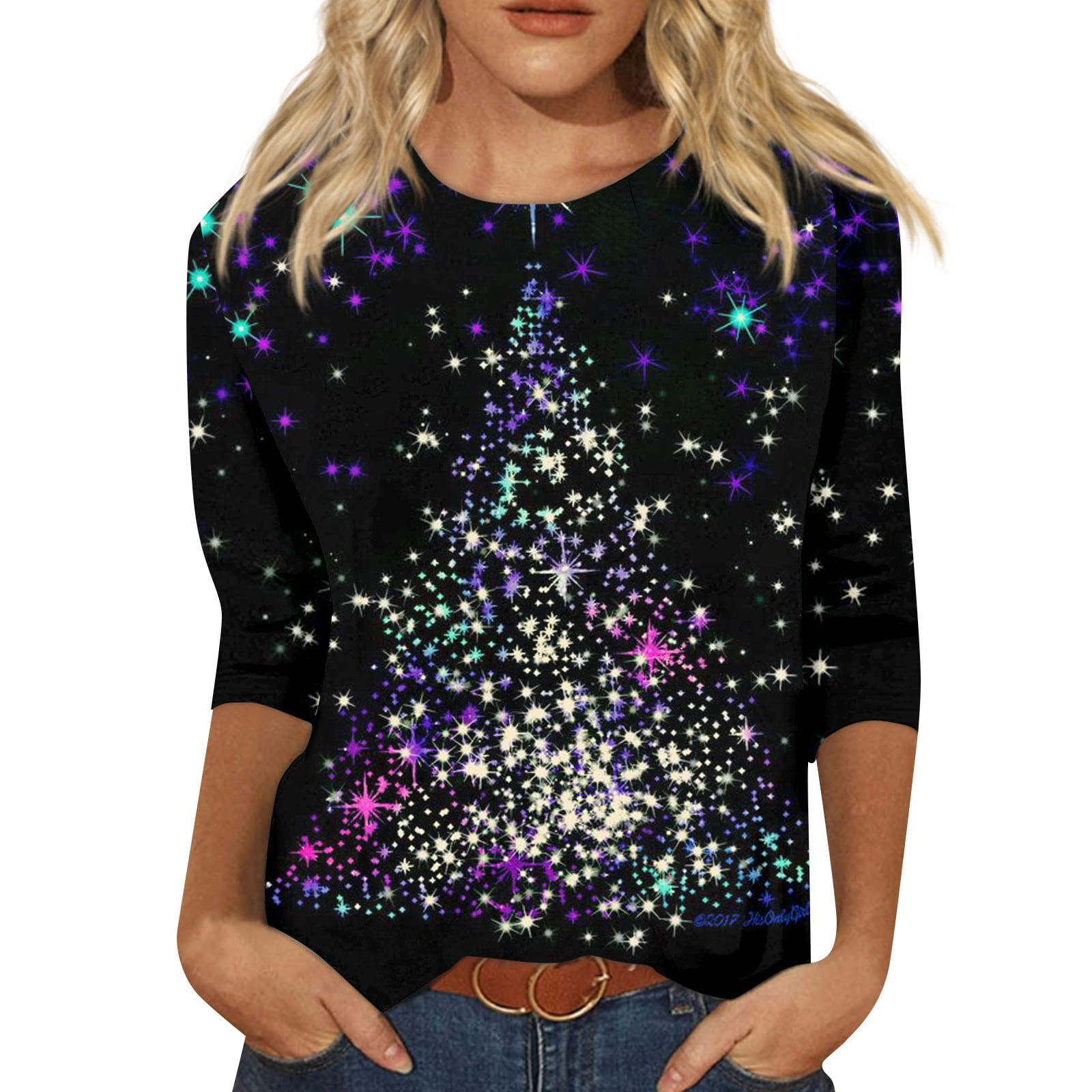 Dndkilg Christmas Shirts for Women formal Tree Print 3/4 Length Sleeve ...