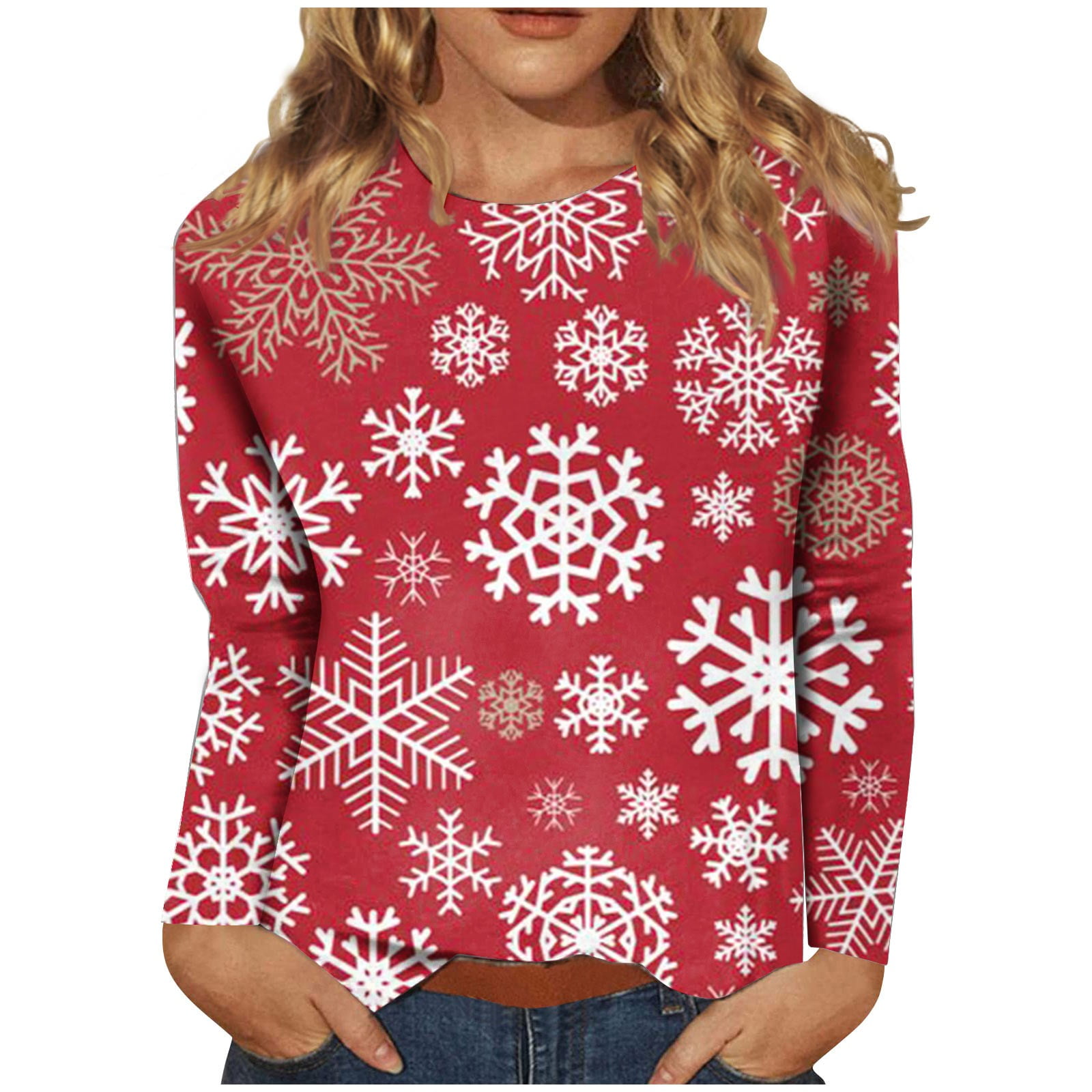 Dndkilg Christmas Tree Tops for Women Snowflake Crew Neck Slim Fit ...