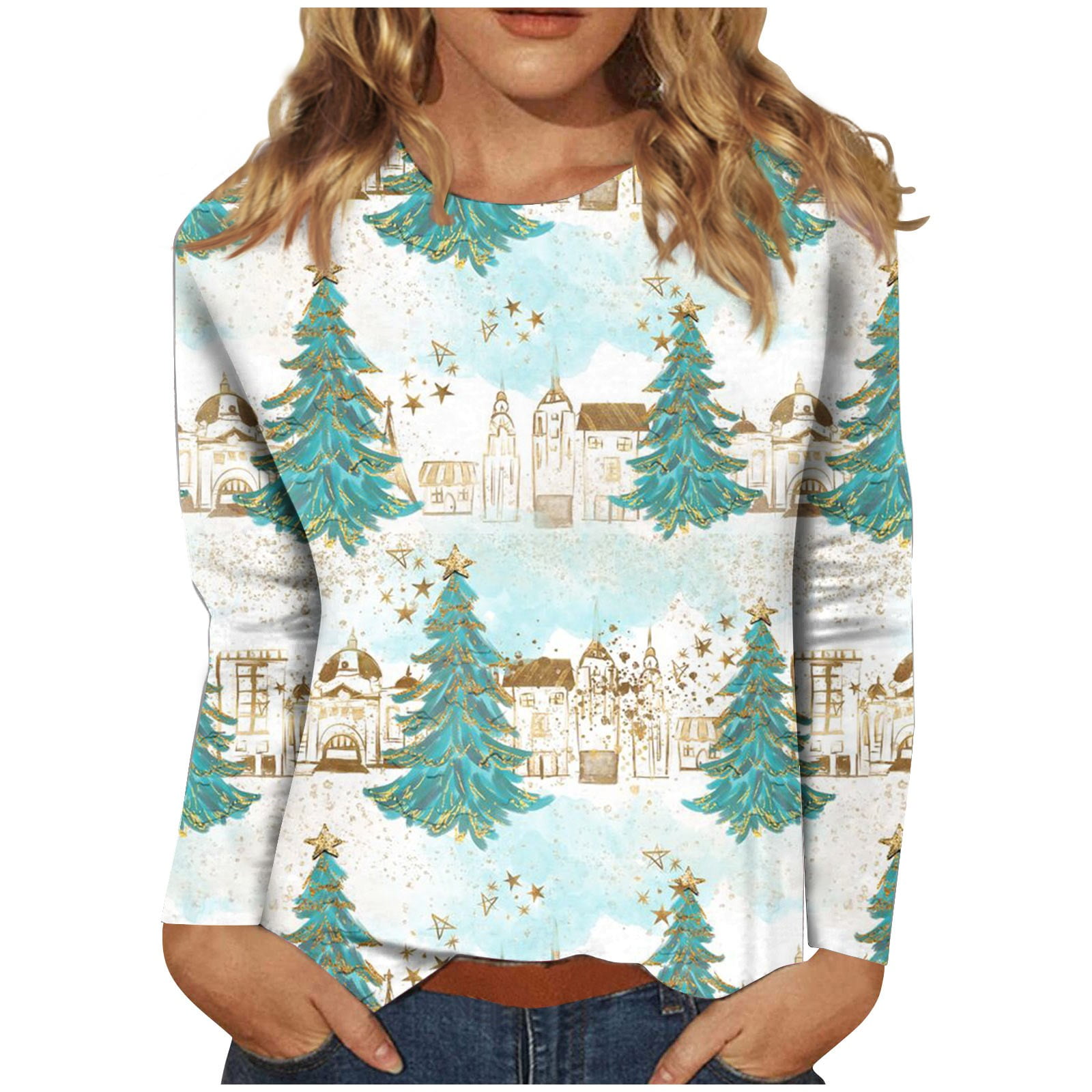 Dndkilg Christmas Tunic Tops for Women Tree Print Long Sleeve Crew Neck ...