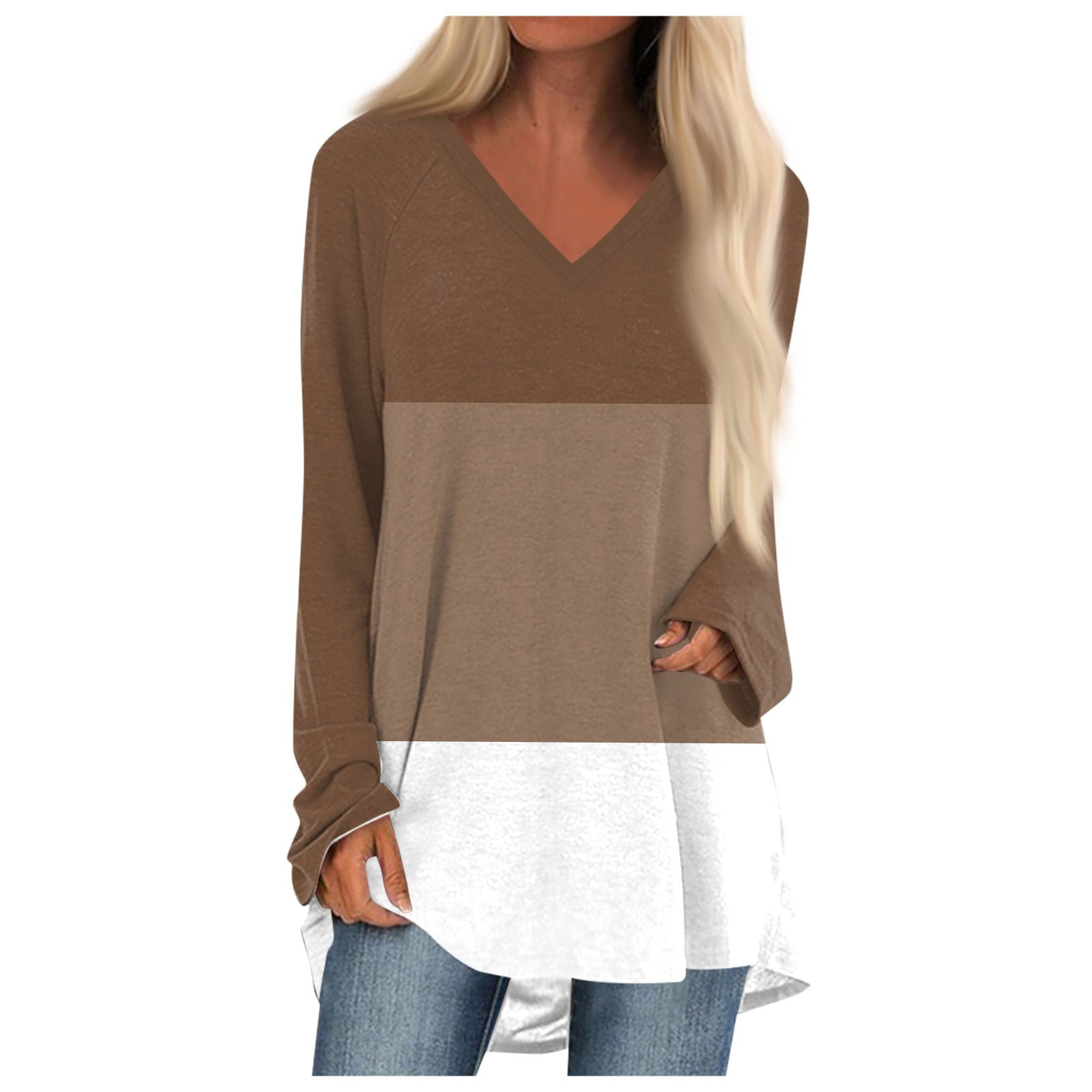 Dndkilg Fall Womens Tops Loose Fit Color Block Soft Women's Tunics Long ...