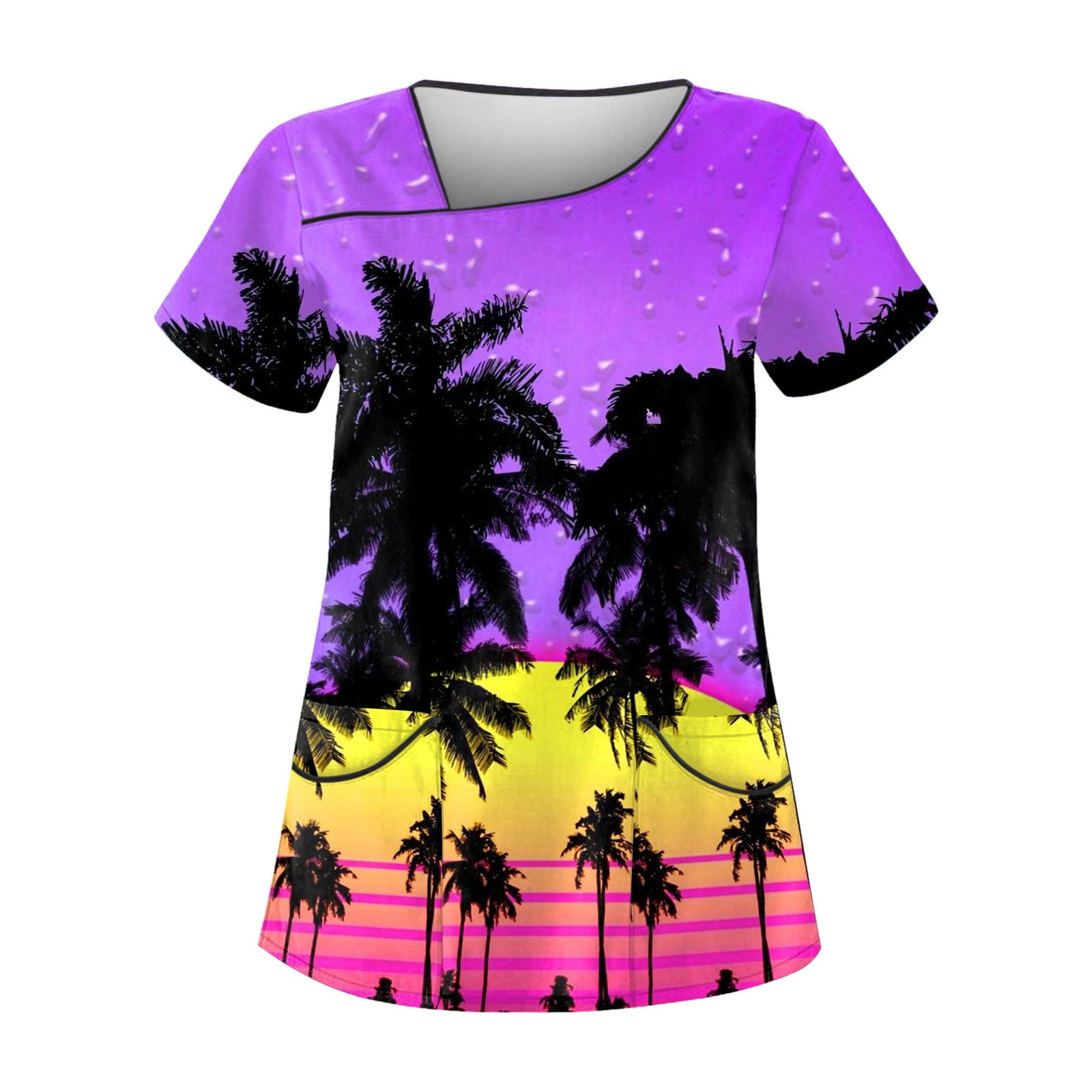 Dndkilg Hawaiian Scrubs for Women Short Sleeve 3D Palm Tree Print V ...