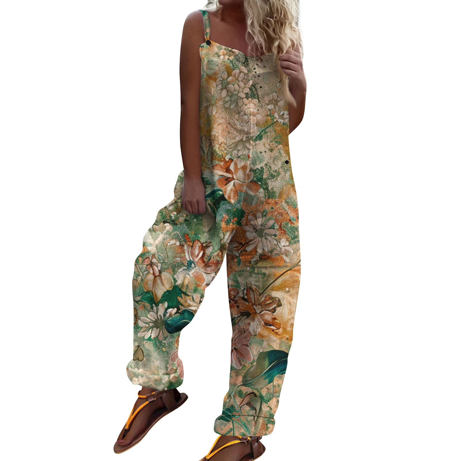 Dndkilg Linen Overalls for Women Plus Size Fit Casual Floral Printed ...