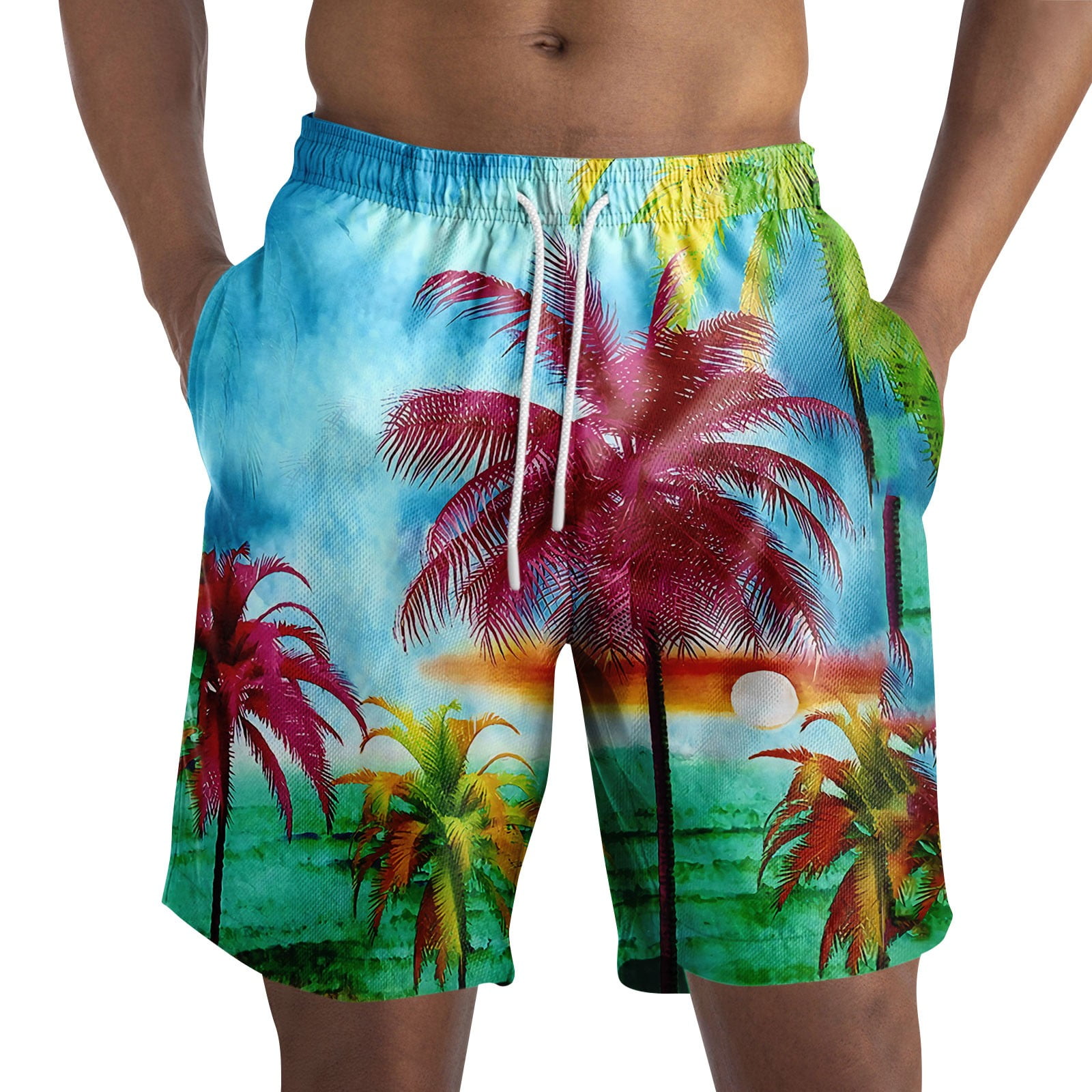 Dndkilg Men's Hawaiian Summer Beach 3D Print Palm Tree Shorts Casual ...
