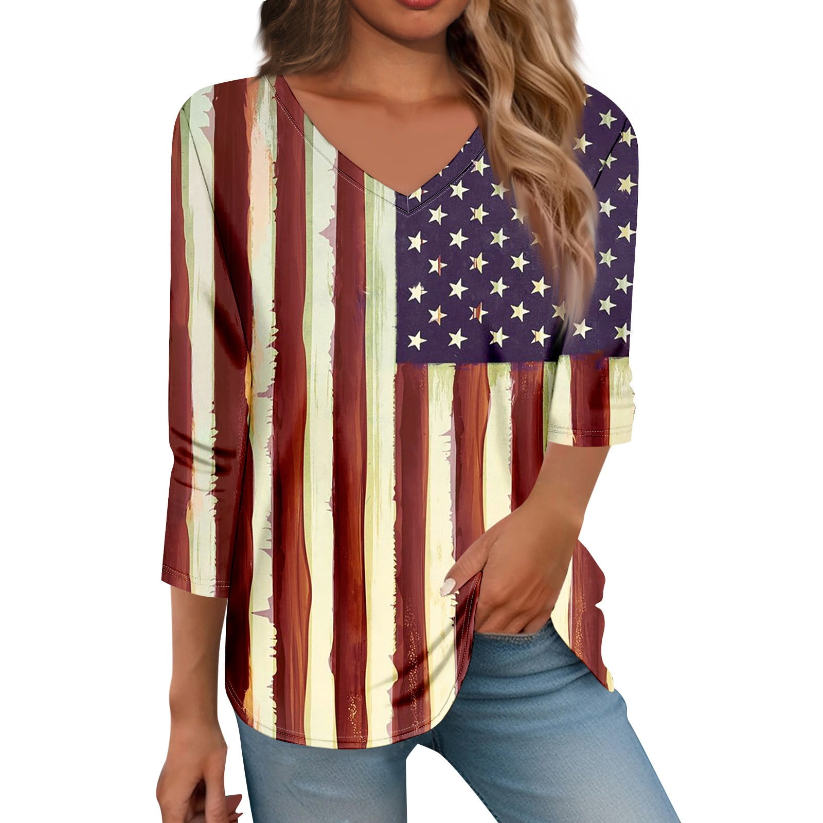 Dndkilg Plus Size American Flag Tops for Women Patriotic 3/4 Sleeve ...