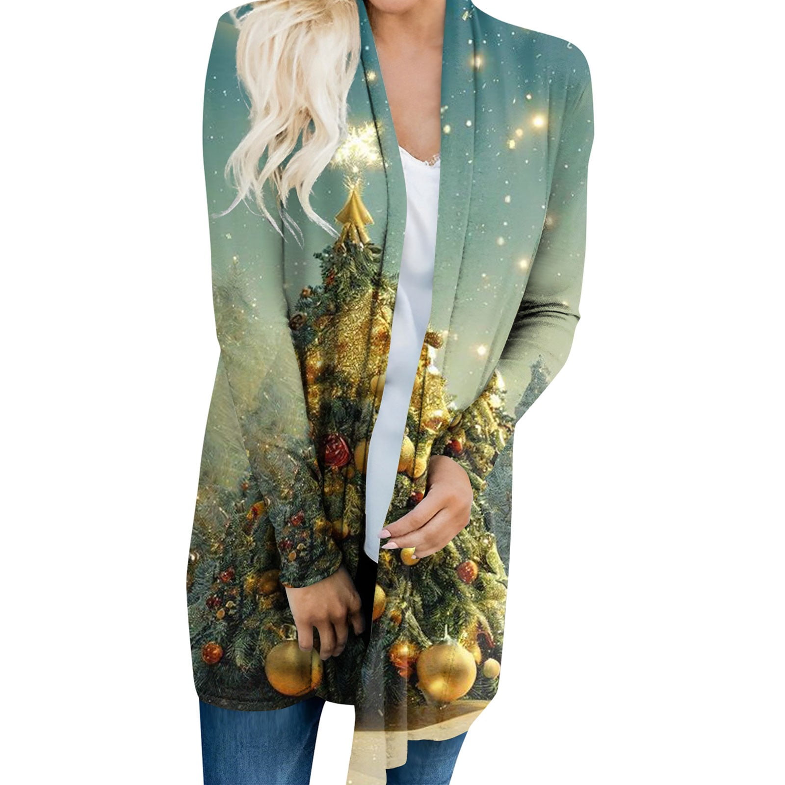 Dndkilg Pretty Christmas Cardigan for Women Christmas Tree Print Long Sleeve Open Front ...