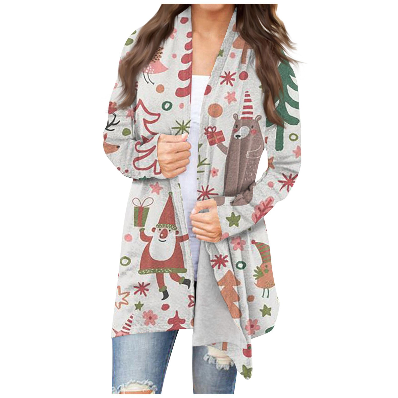 Dndkilg Santa Christmas Cardigan for Women Christmas Snowflake Open Front Long Sleeve Cardigans ...
