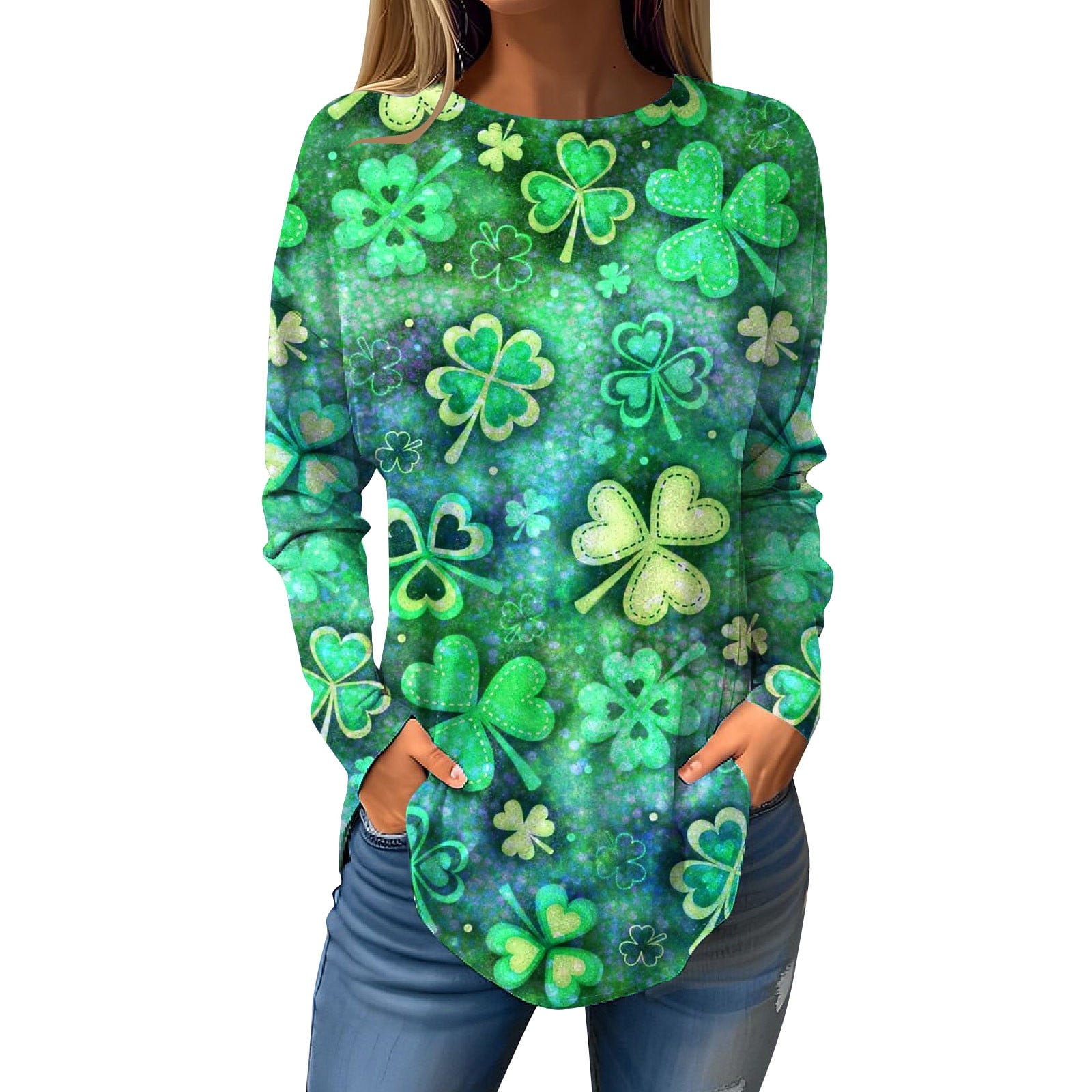 Dndkilg St Patricks Day Shirts Womens Green Shamrock Clover Crew Neck ...