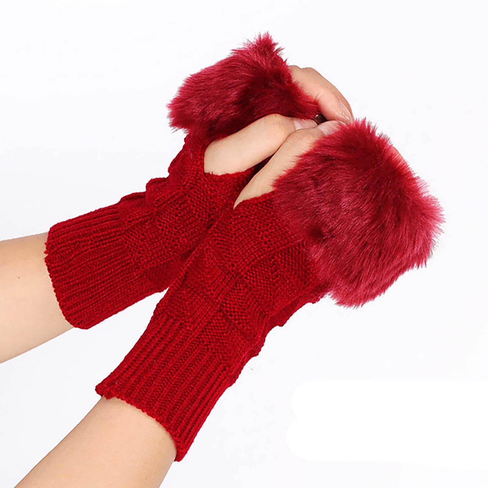 Dndkilg Warming Gloves for Women Cold Weather Faux Fur Fingerless for ...