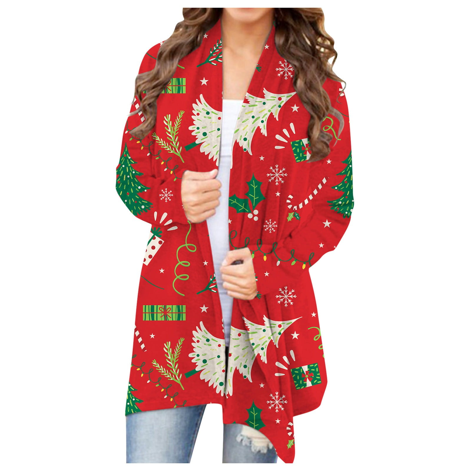 Dndkilg Women's Fashion Christmas Printed Fashion Long Sleeve Cardigan Jacket Tree Print Open ...