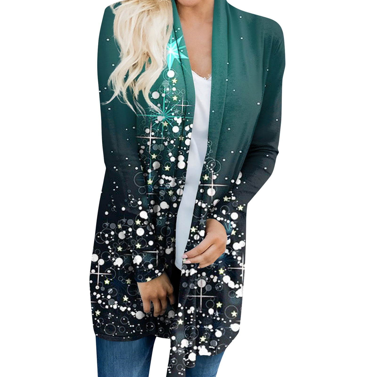 Dndkilg Womens Christmas Long Sleeve Open Front Cardigan Christmas Tree Print Lightweight Funny ...