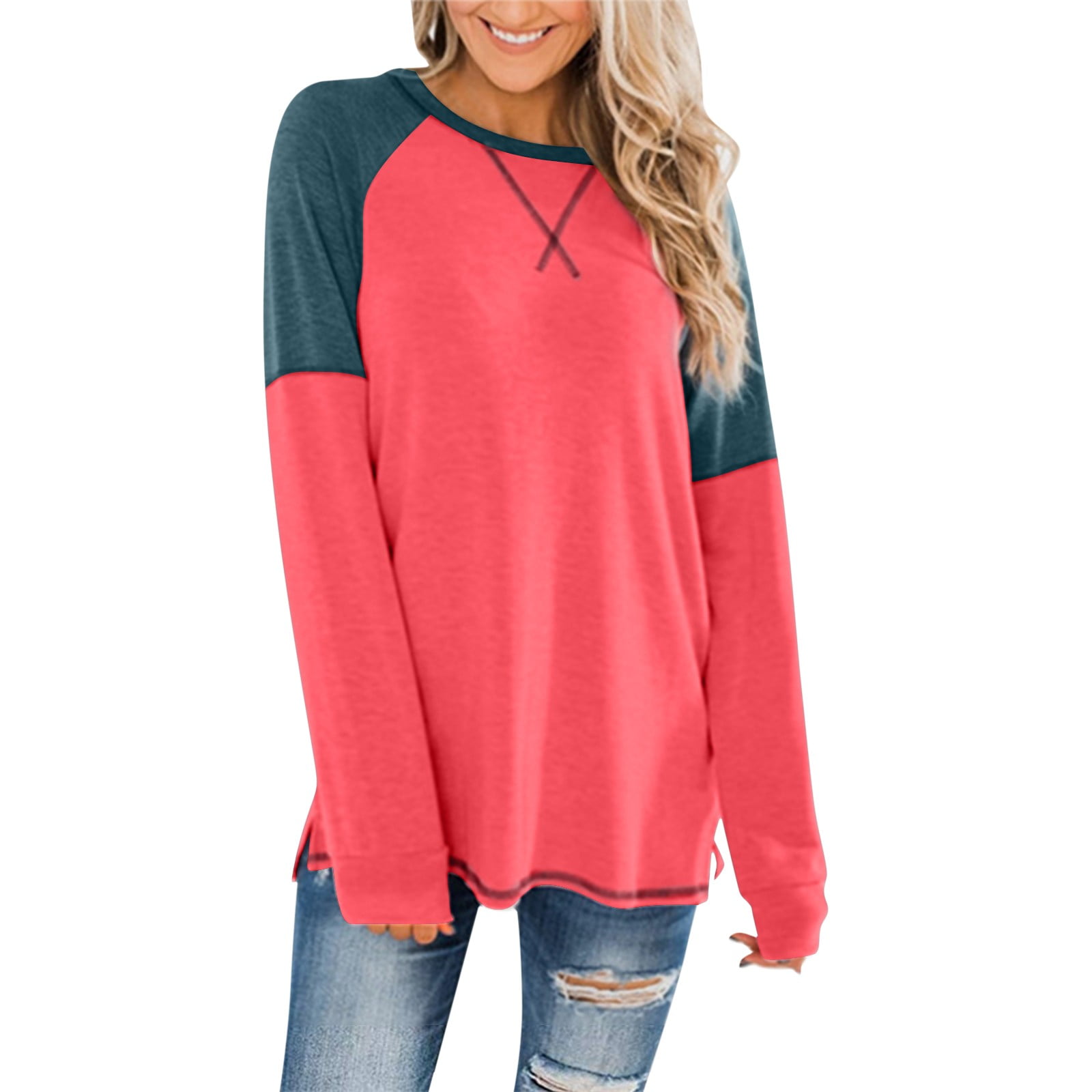 Dndkilg Womens Color Block Tunic Tops Crew Neck Pocket Raglan Long ...