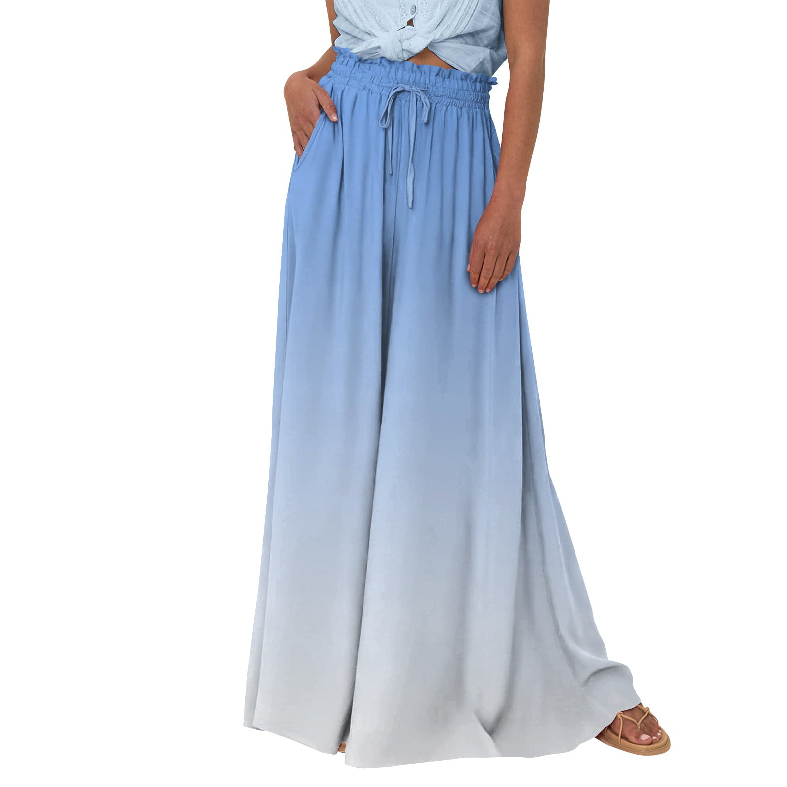 Dndkilg Womens Flowy Wide Leg Palazzo Pants High Waisted Drawstring ...