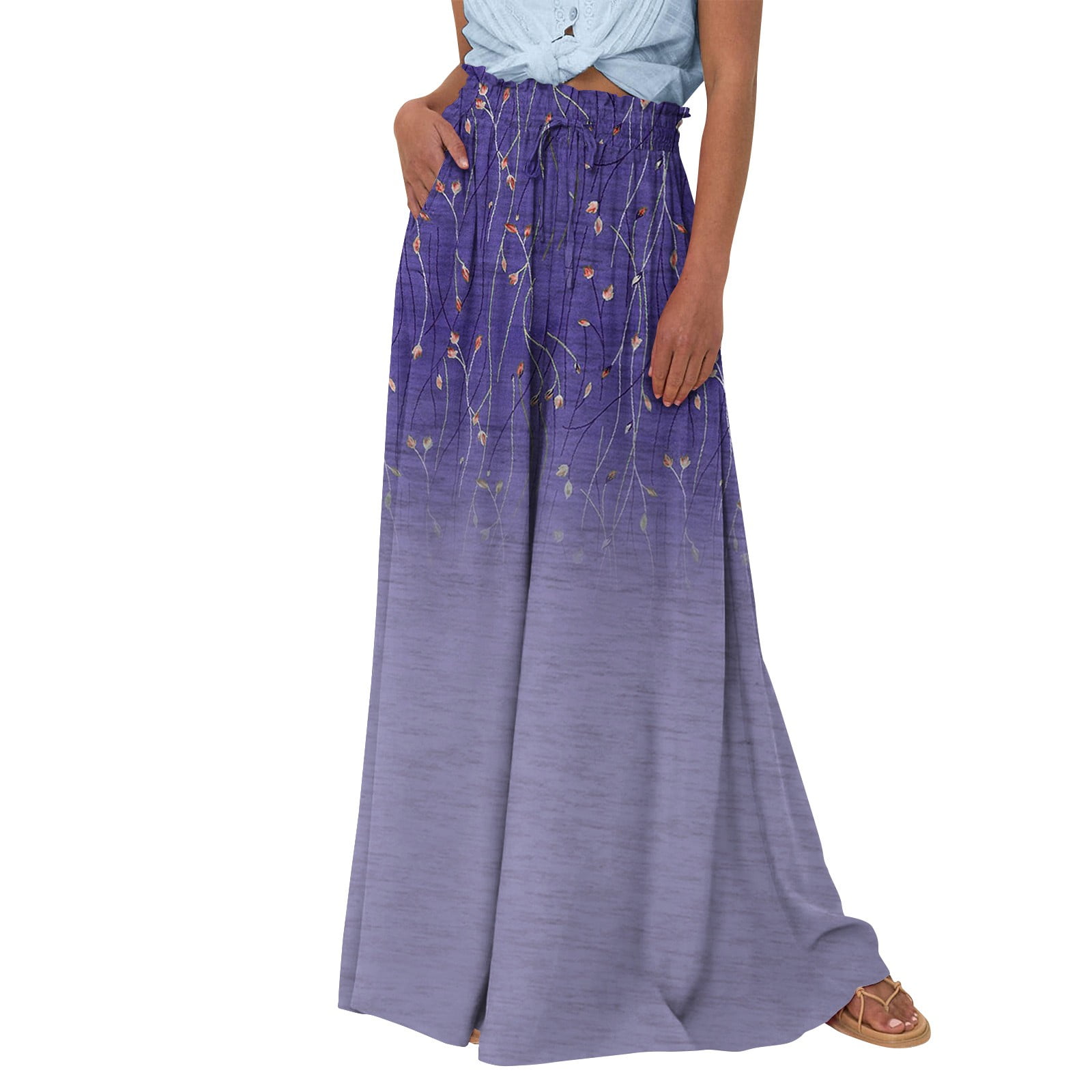 Dndkilg Womens Flowy Wide Leg Palazzo Pants High Waisted Drawstring ...