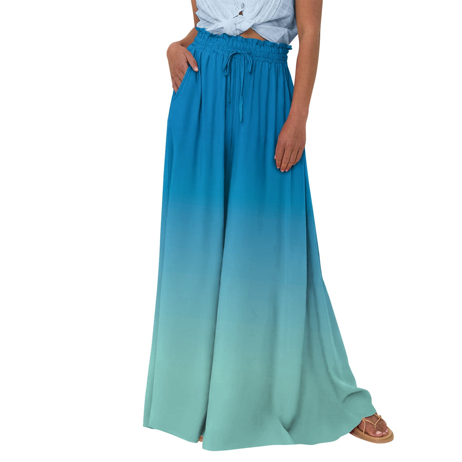 Dndkilg Womens Flowy Wide Leg Palazzo Pants High Waisted Drawstring ...