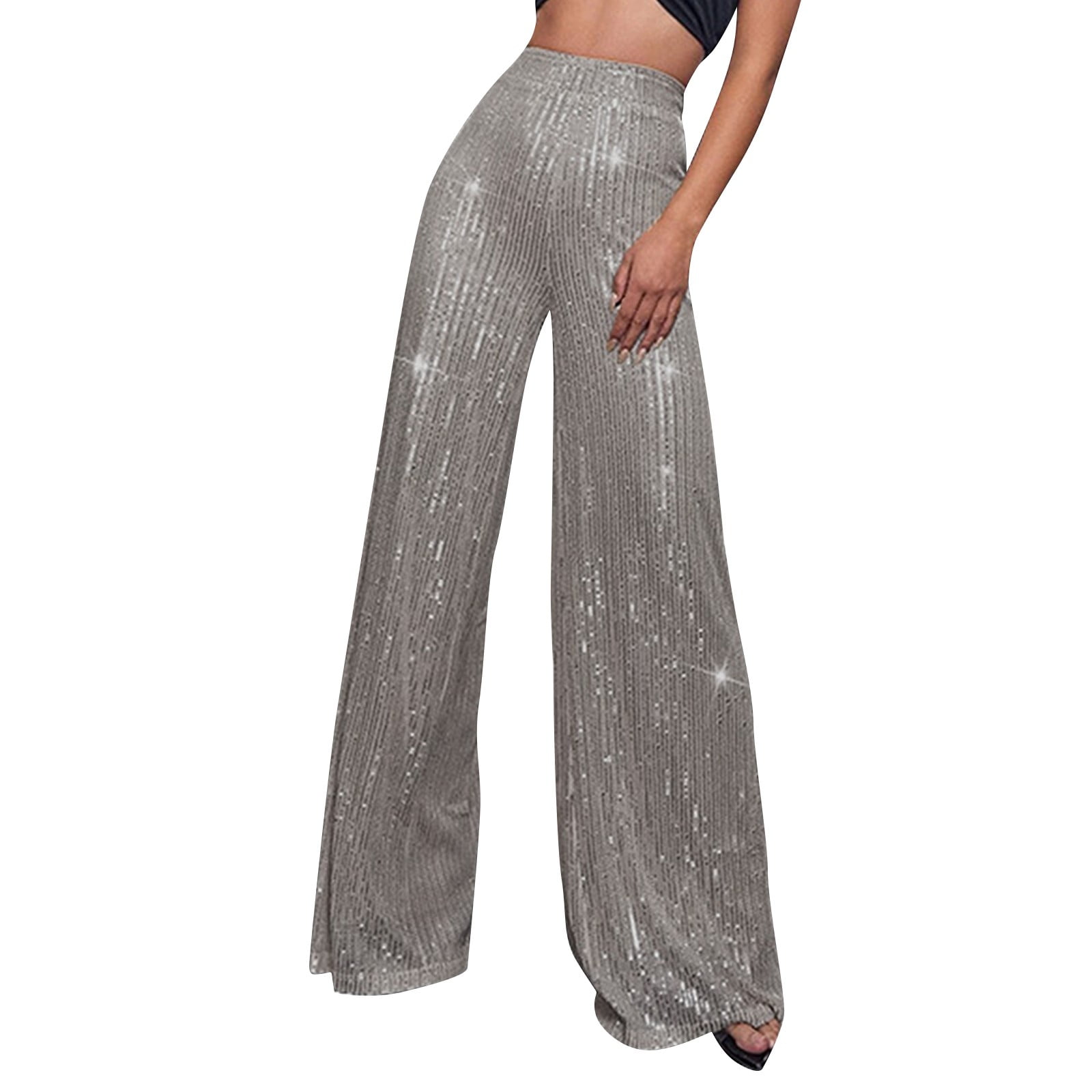 Dndkilg Plus Size Sequin Pants High Waisted Wide Leg Sparkle Flare ...