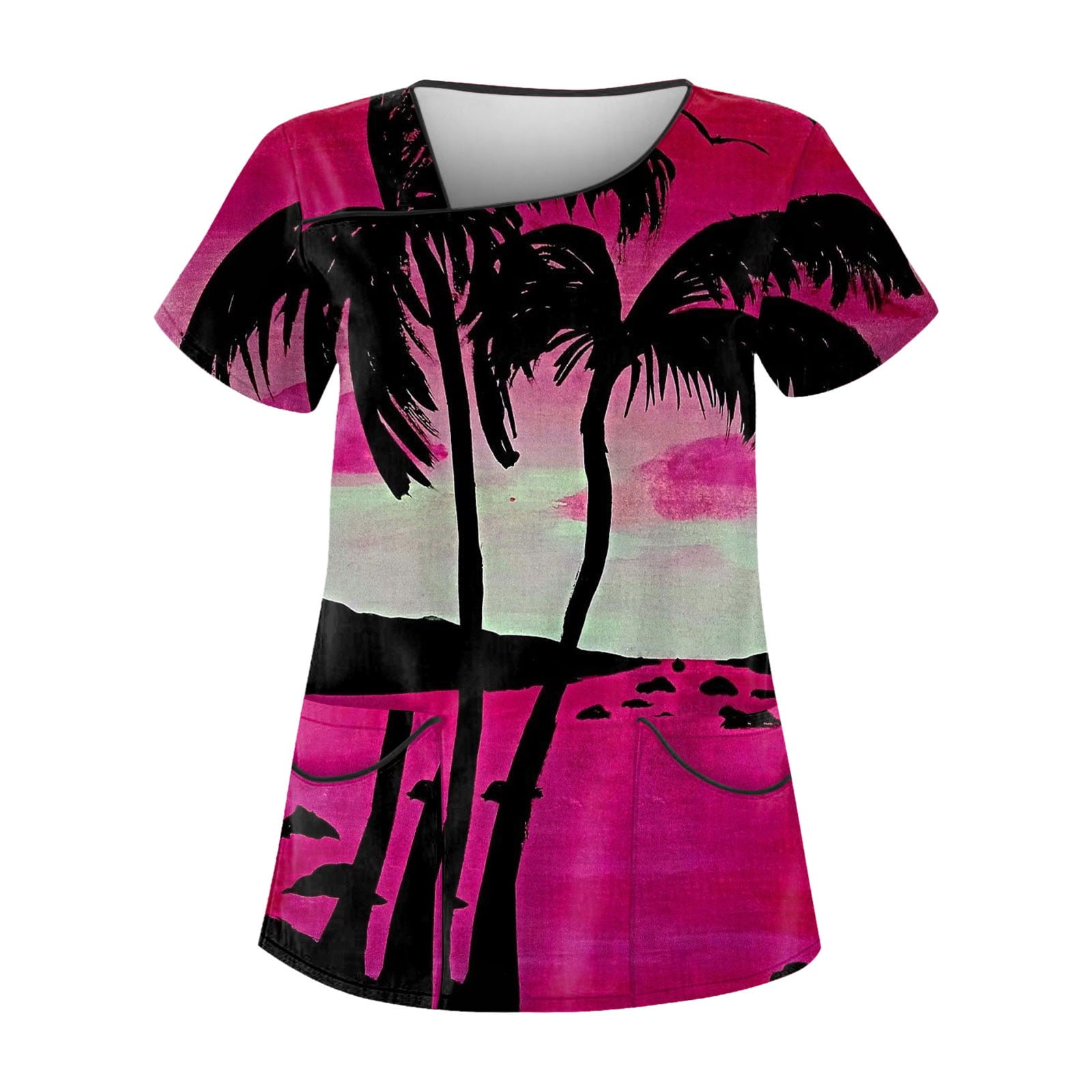 Dndkilg Womens Hawaiian Scrub Shirt V Neck 3D Palm Tree Print Summer ...