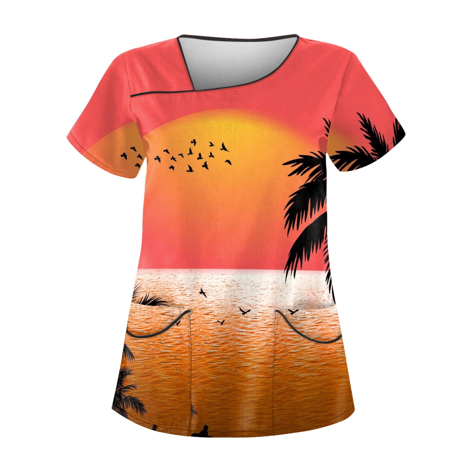 Dndkilg Womens Hawaiian Scrub Shirt V Neck 3D Palm Tree Print Summer ...