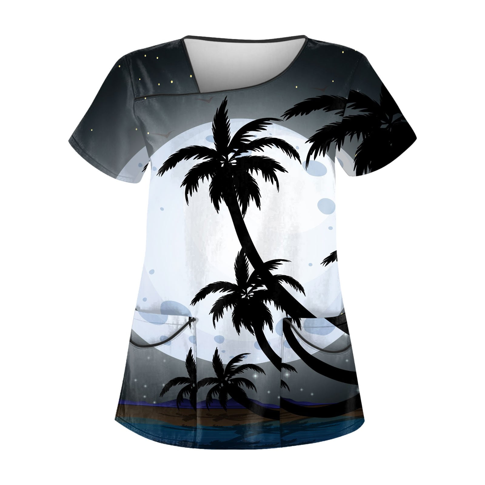 Dndkilg Womens Hawaiian Scrubs 3D Palm Tree Print V Neck Short Sleeve ...