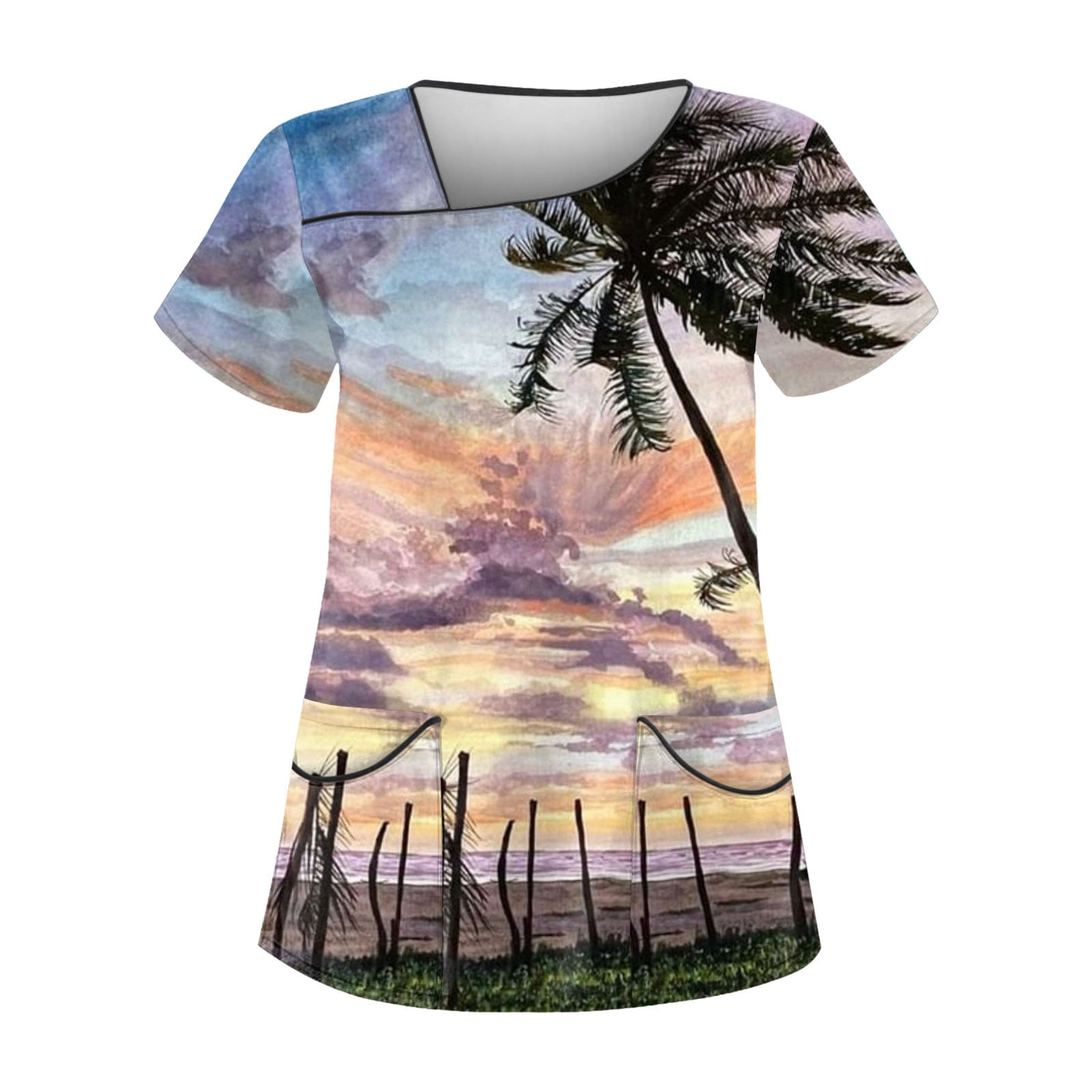 Dndkilg Womens Hawaiian Scrubs 3D Palm Tree Print V Neck Short Sleeve ...