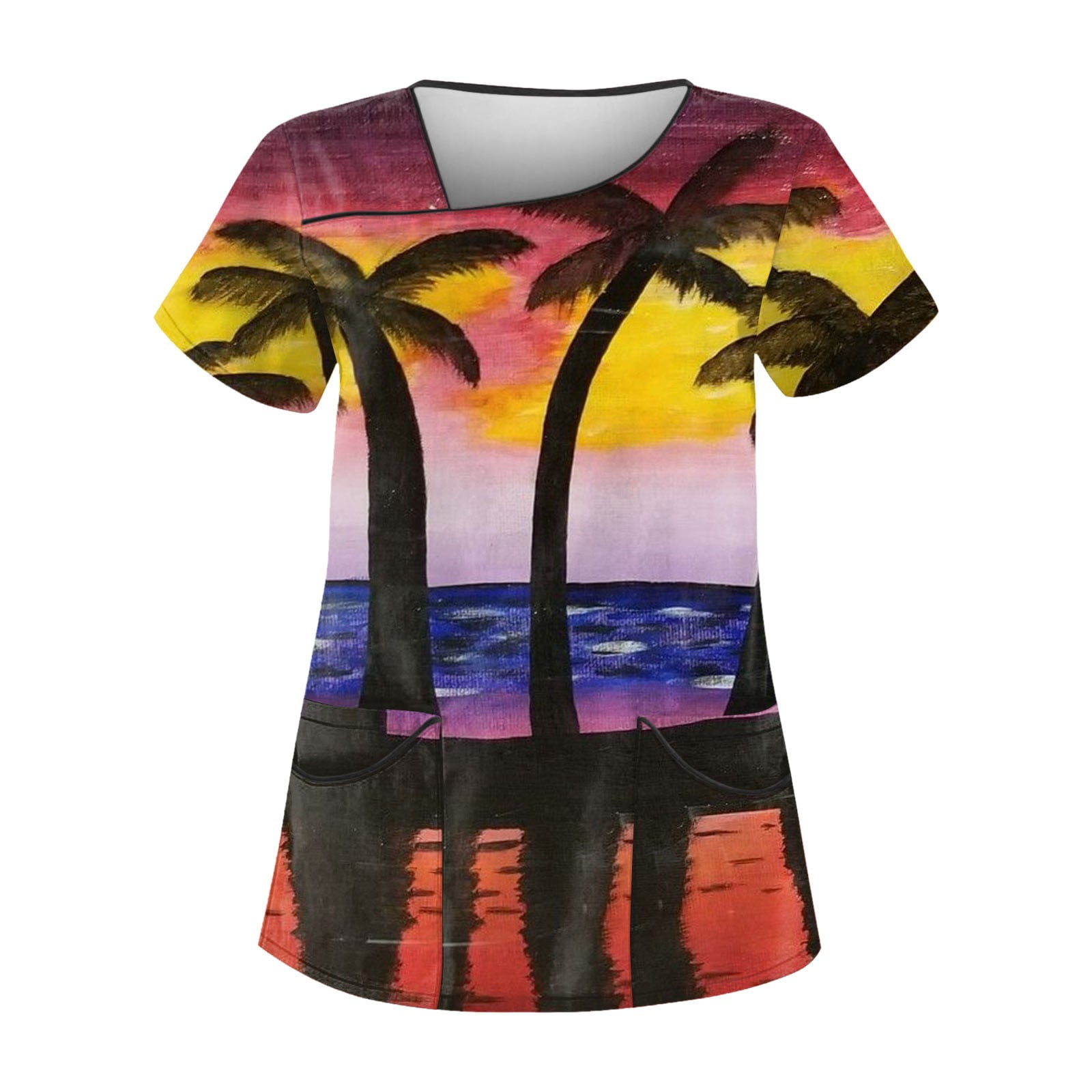 Dndkilg Womens Hawaiian Scrubs 3D Palm Tree Print V Neck Short Sleeve ...