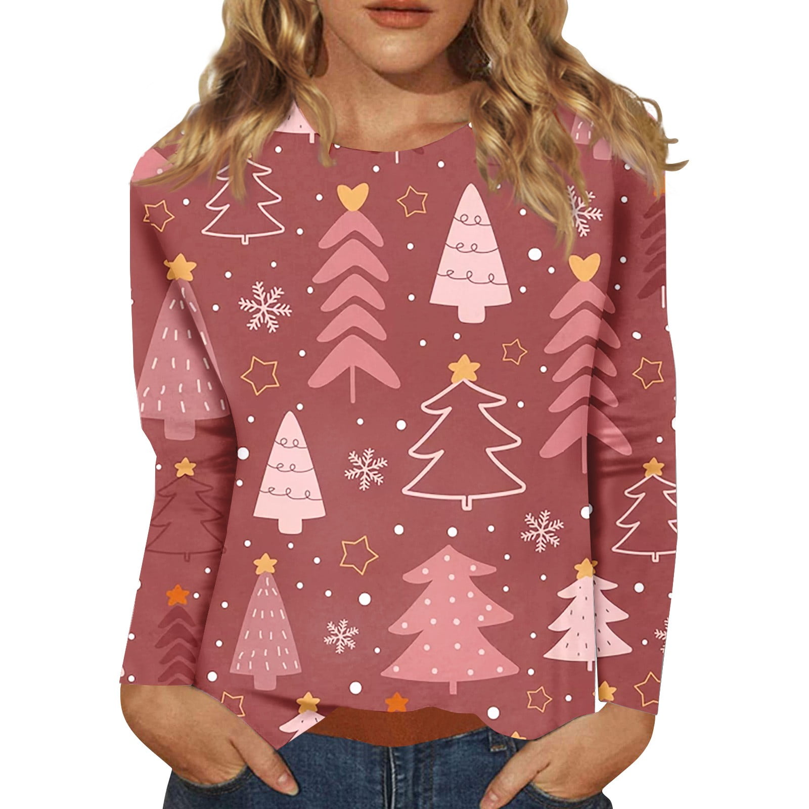 Dndkilg Womens Plus Size Christmas T Shirt Tree Print Slim Fit Long Sleeve Graphic Womens Tops ...