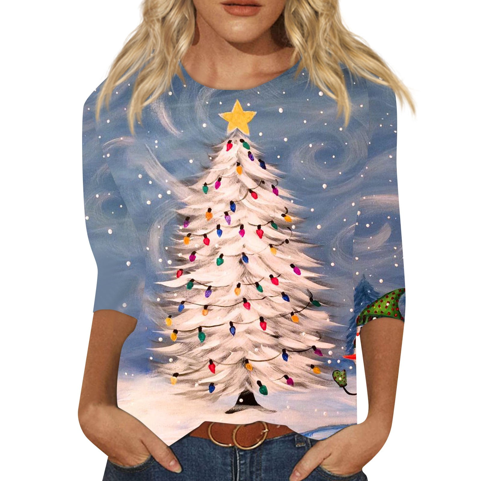 Dndkilg Womens Plus Size Christmas T Shirts 3/4 Sleeve Tree Print Crew Neck Cute Christmas Tops ...