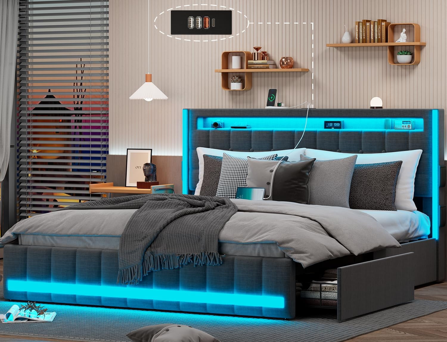 Queen Size Bed Frame with 4 Drawers, USB Charging, RGB LED Light ...