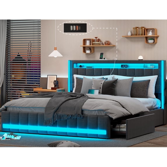 Queen Size Bed Frame with 4 Drawers, USB Charging, RGB LED Light ...