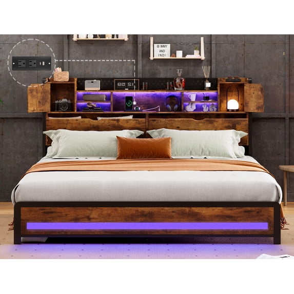 Queen Bed Frame with Charging Station, Adjustable LED Light, Steel ...