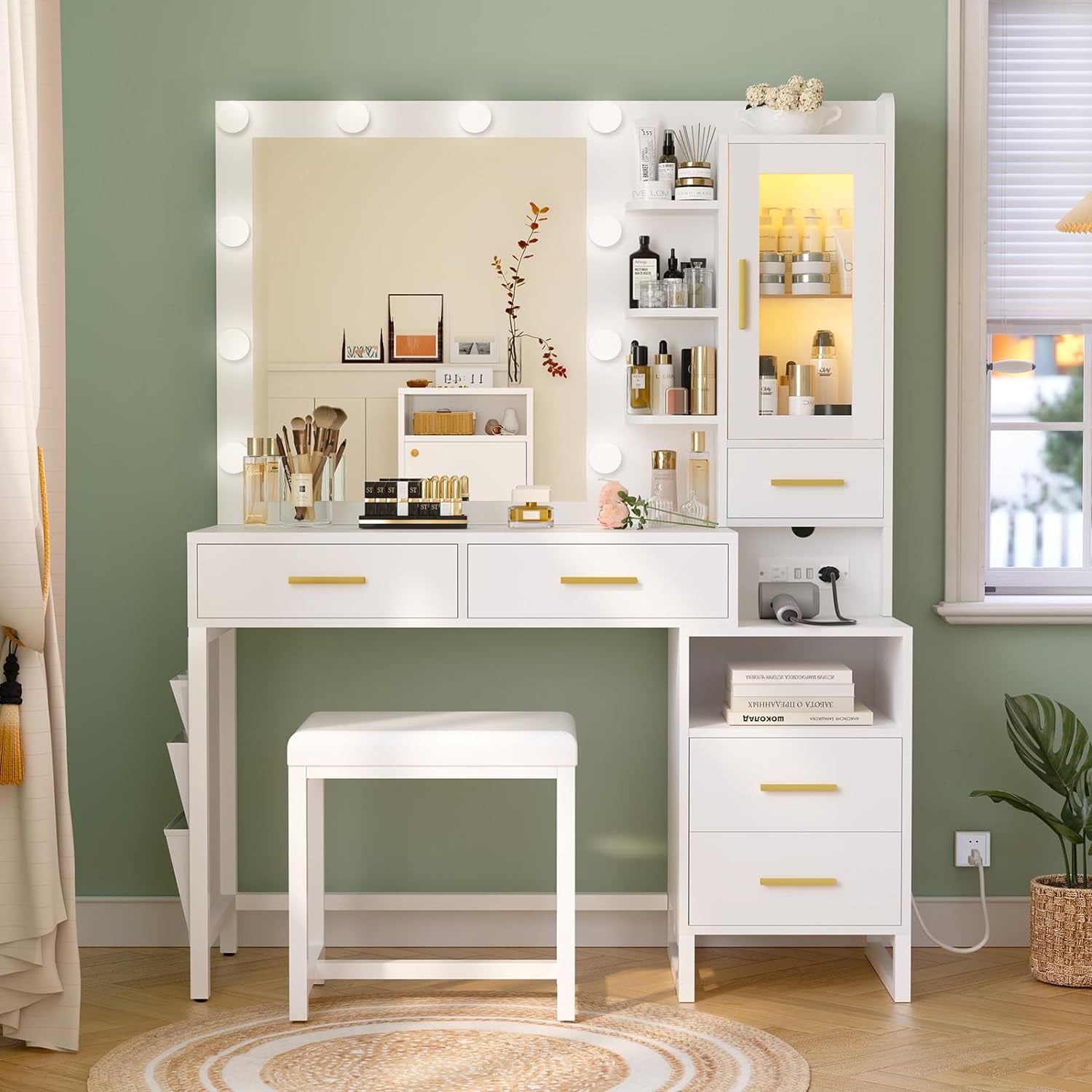 Dnxao White Vanity Desk with Mirror Lights, Charging Station, 5 Drawers ...