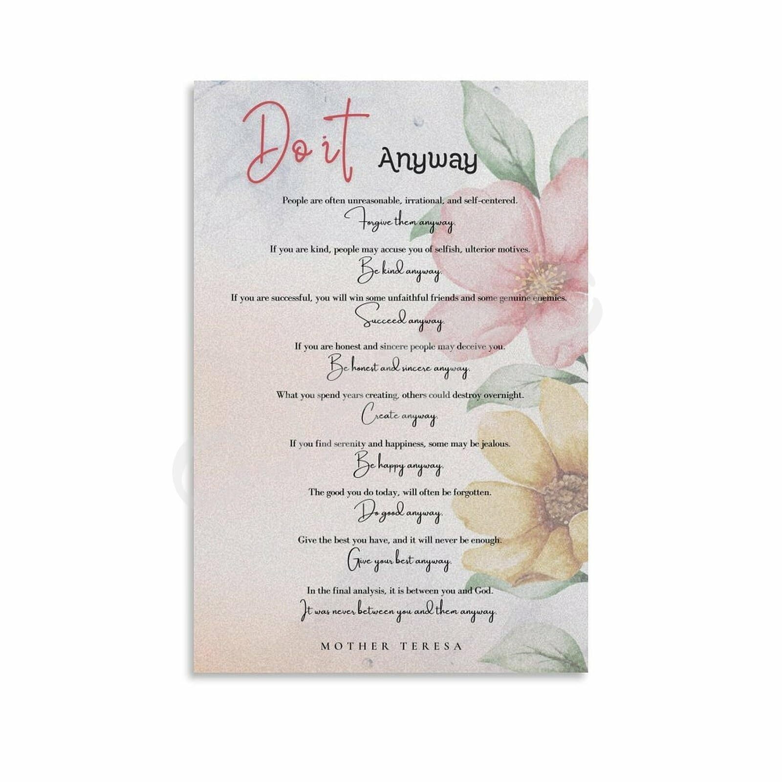 Do It Anyway Poem Wall Art Poster Mother Teresa Motivational Quotes ...