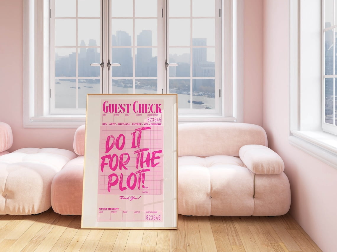 Do It For The Plot Pink Trendy Funky Guest Check Wall Decor, Unframed ...